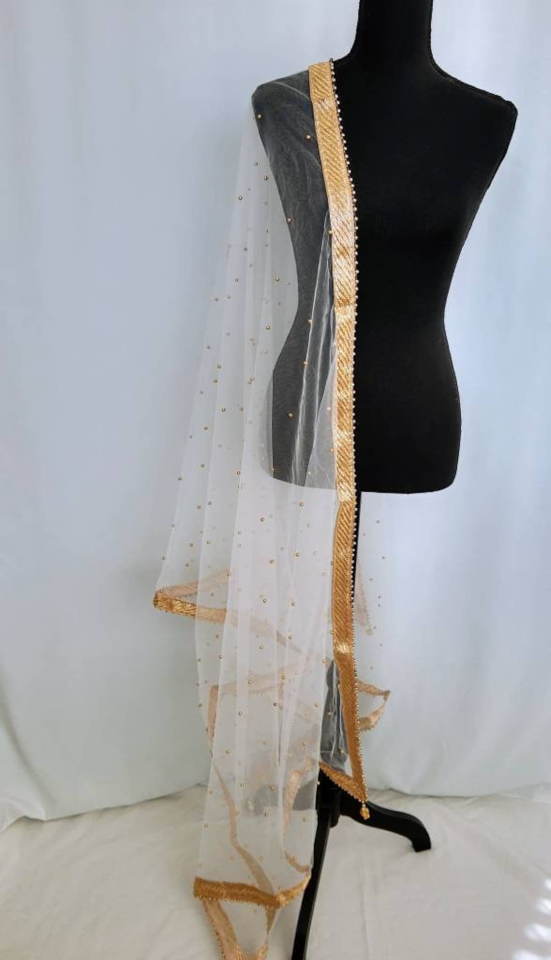 White Net With Gold Color Pearls/ Moti Work Premium Dupatta/chunni ...