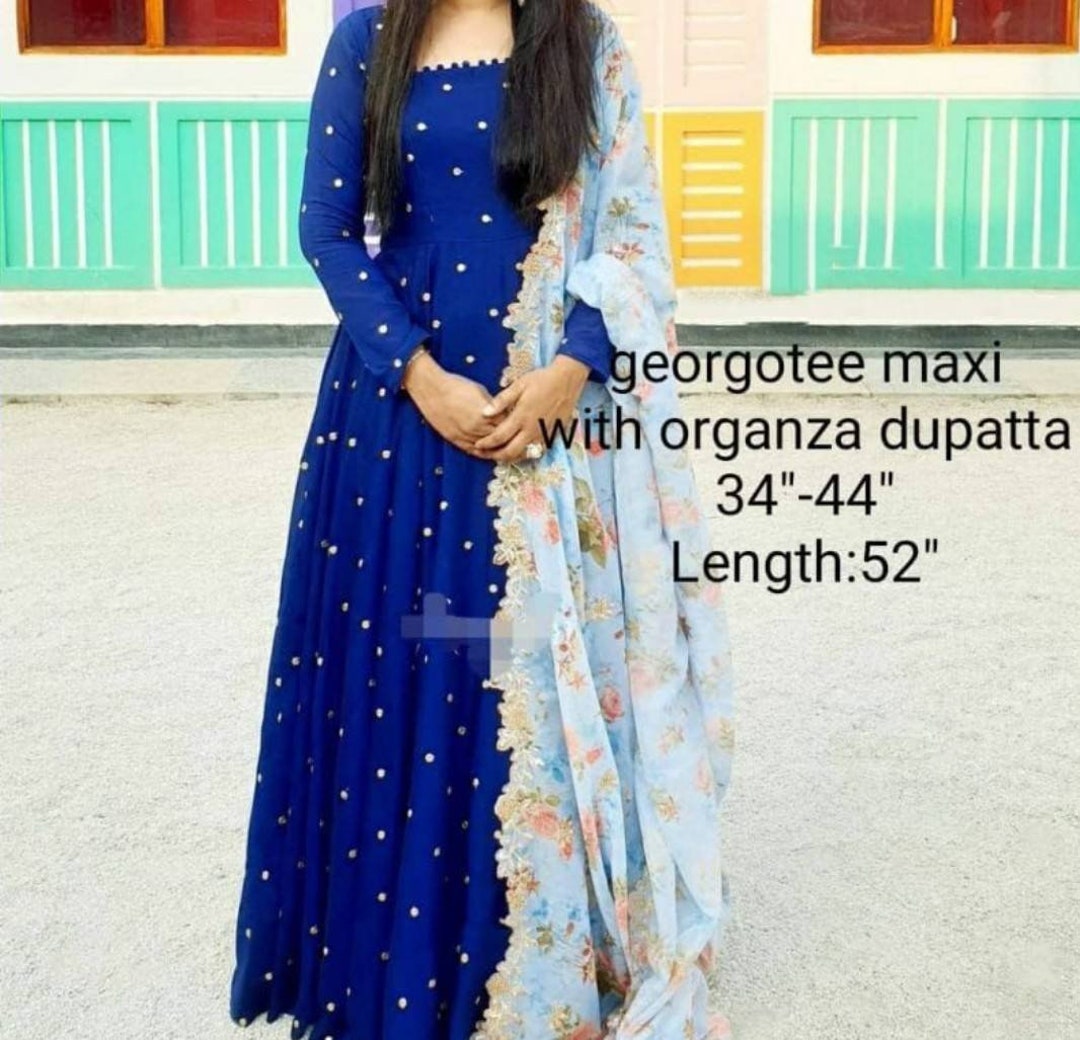 Georgette Royal Blue Long Anarkali/ Maxi With Floral Georgette Dupatta ...