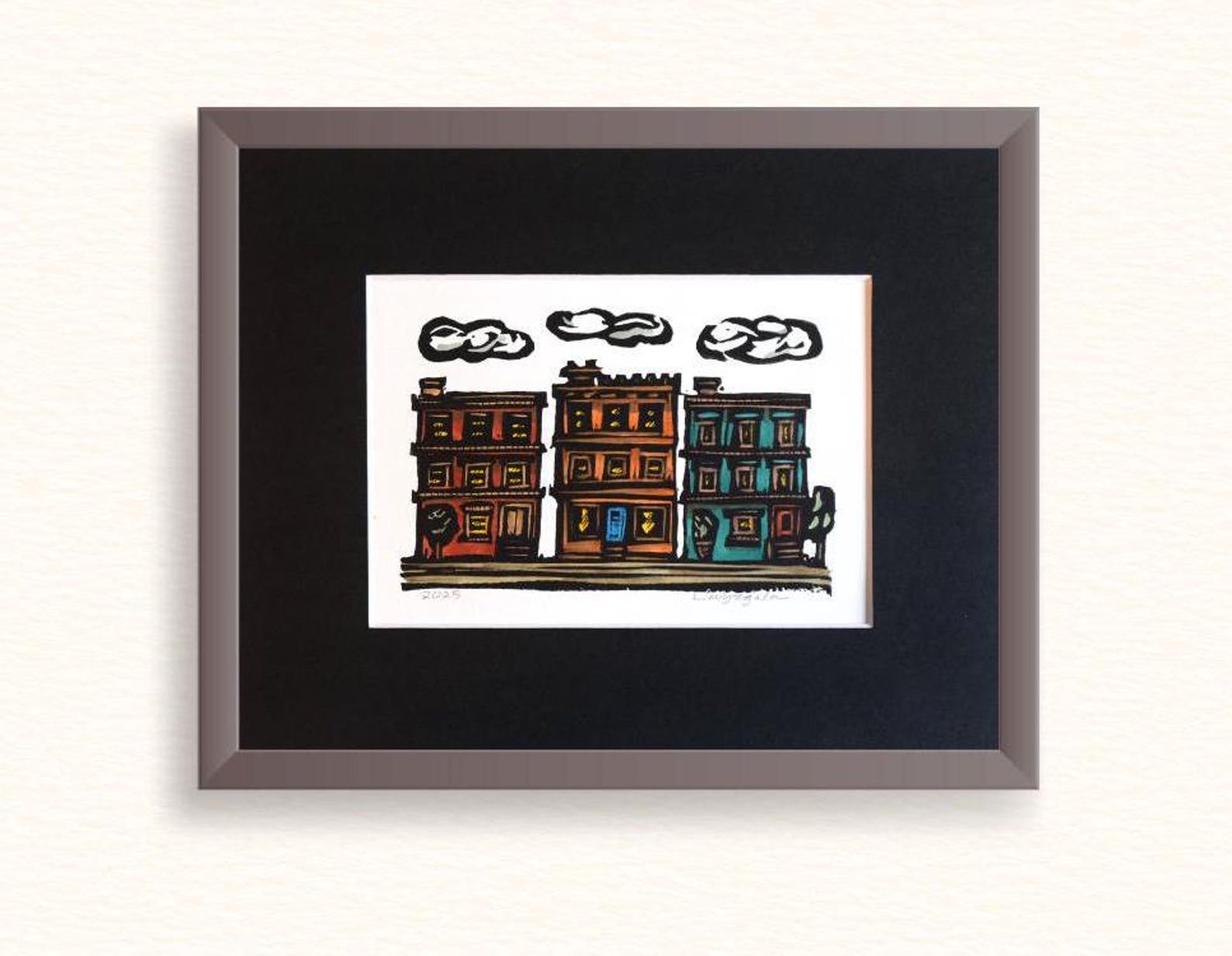 City Street Linocut Print With Black Mat - Hand Carved, Printed and ...
