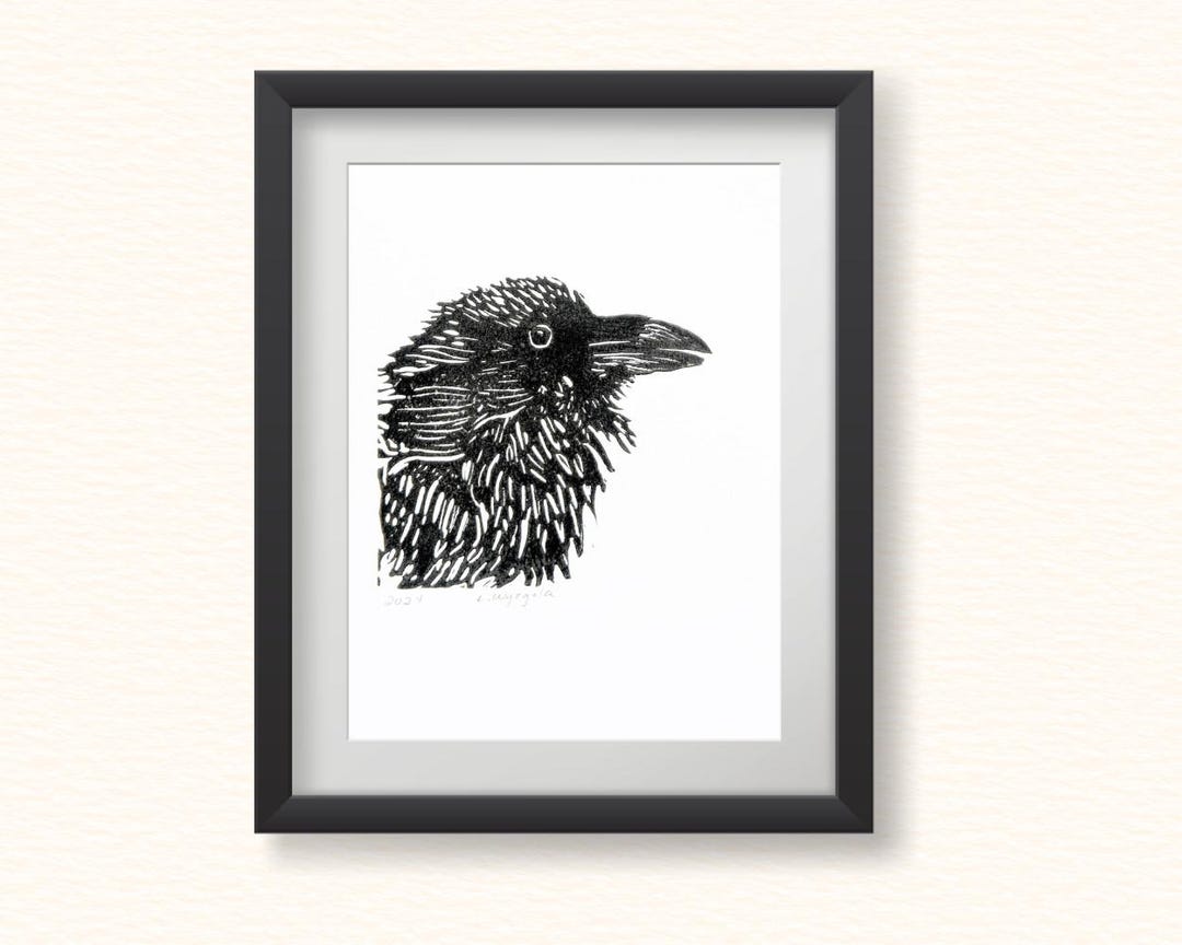 Raven Profile Linocut Print. Original Signed Art. Bird Print, Bird Art ...