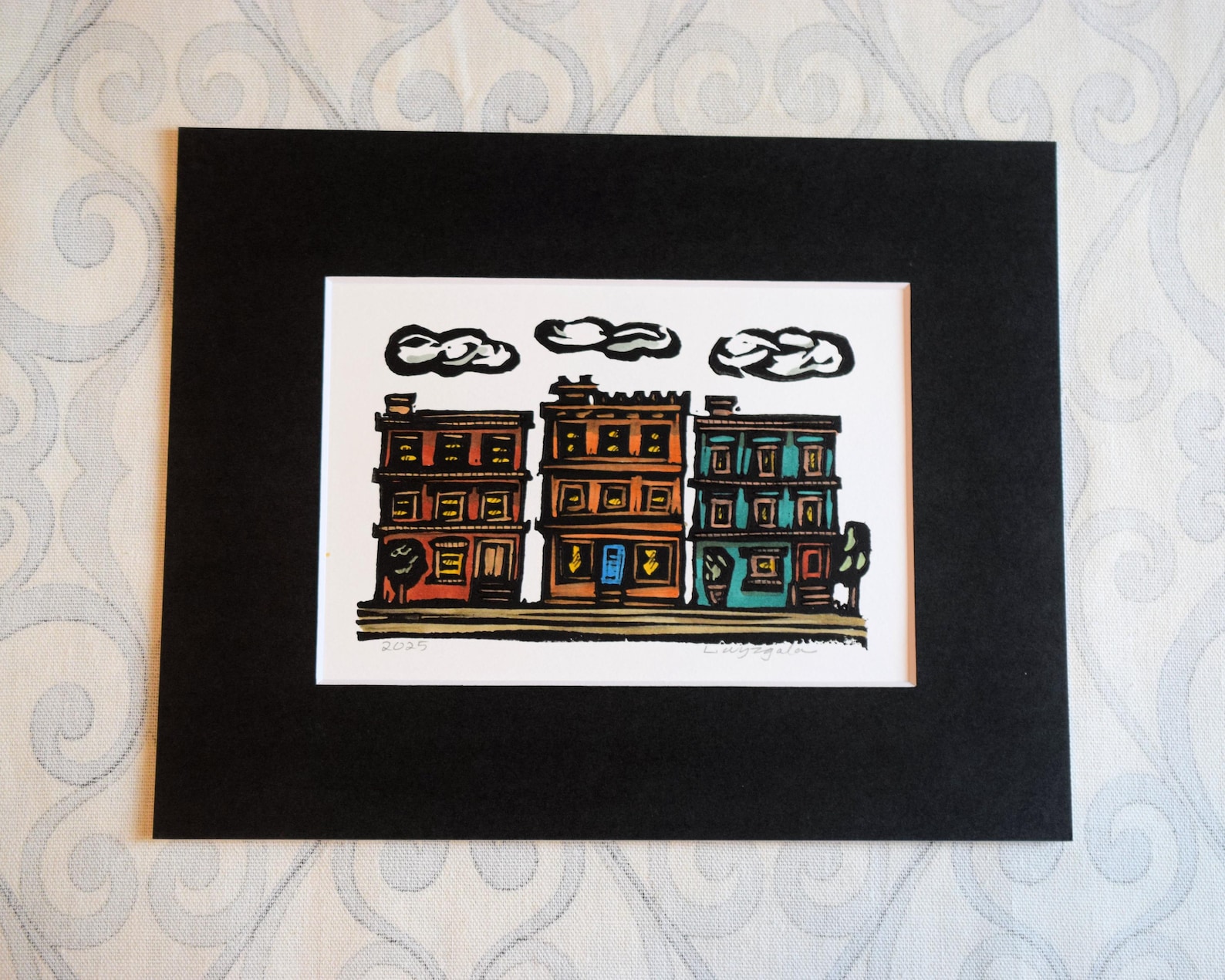City Street Linocut Print With Black Mat - Hand Carved, Printed and ...