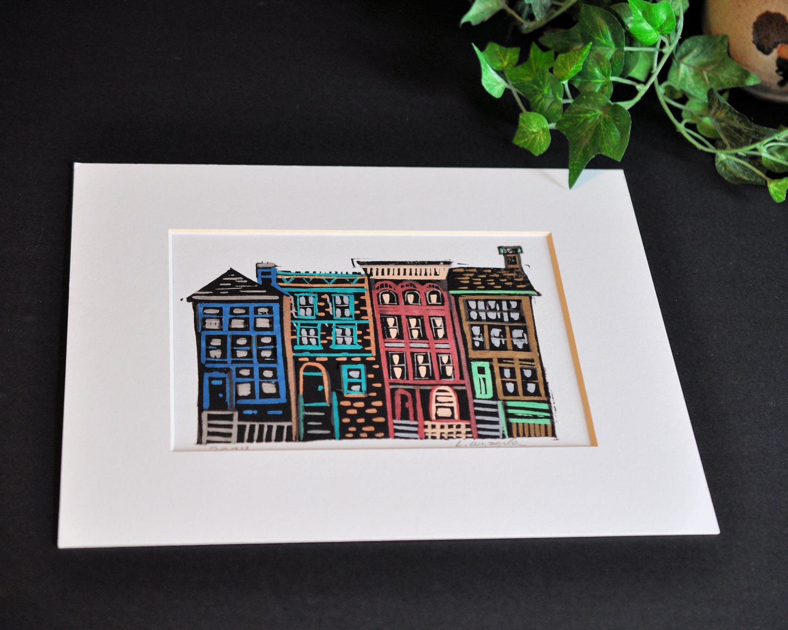 City Row Houses, Hand Carved Printed and Colored, Original Signed Art ...