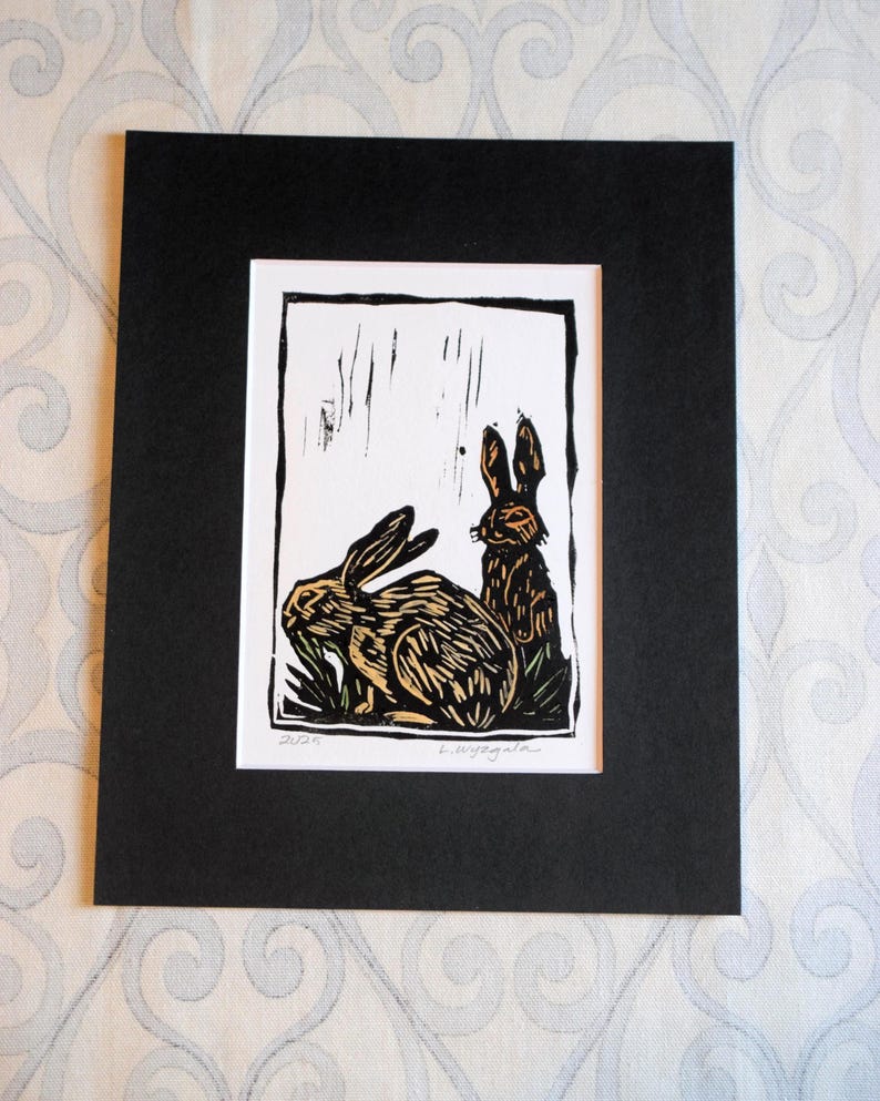 Two Wild Rabbits Linocut Print With Black Mat - Hand Carved, Printed ...