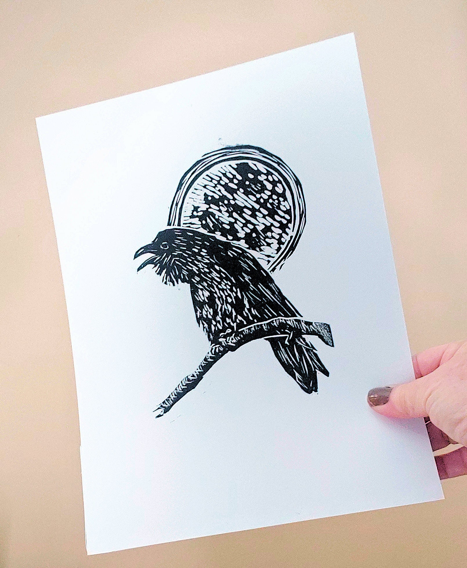 Raven Moon Linocut Print Hand Carved and Printed Original Art Corvid ...