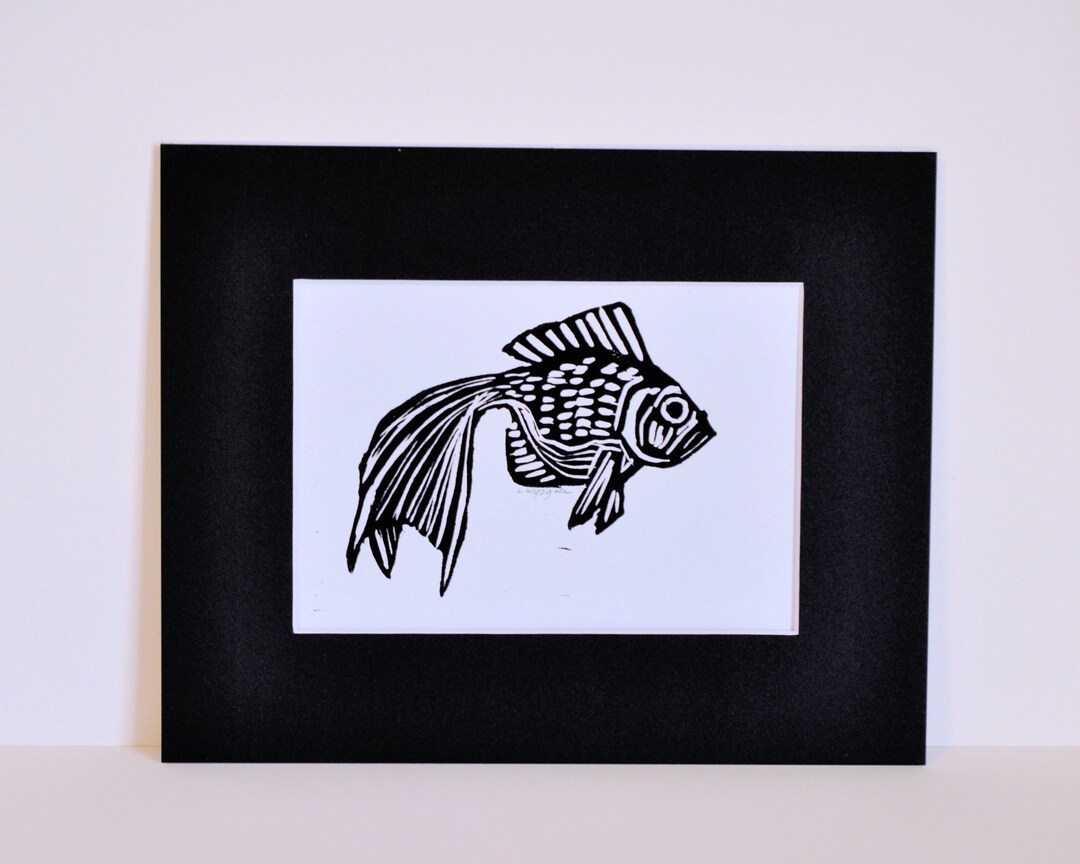 Goldfish Linocut Print, 8x10 Matted Original Art, Hand Carved Hand ...