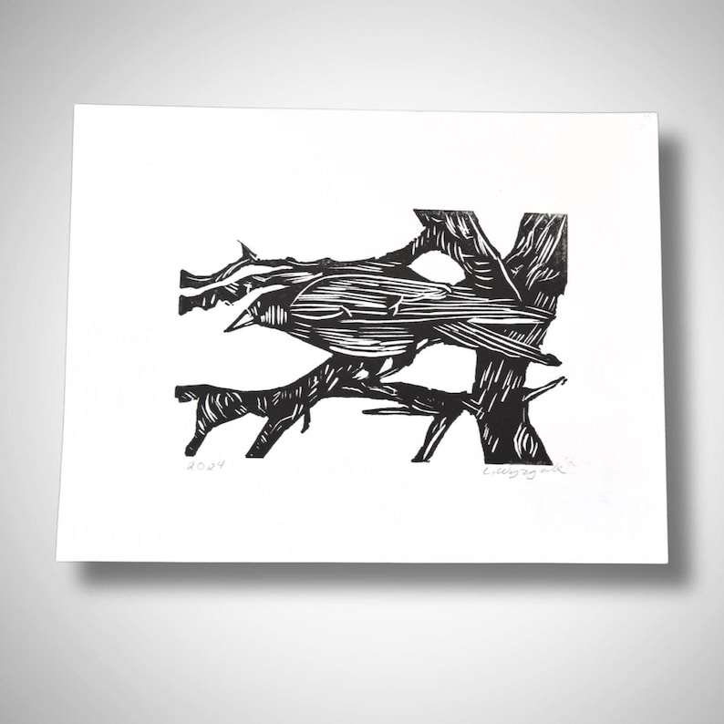 Crow Linocut - Hand Carved and Printed - With 8 X 10 Black Mat - Etsy