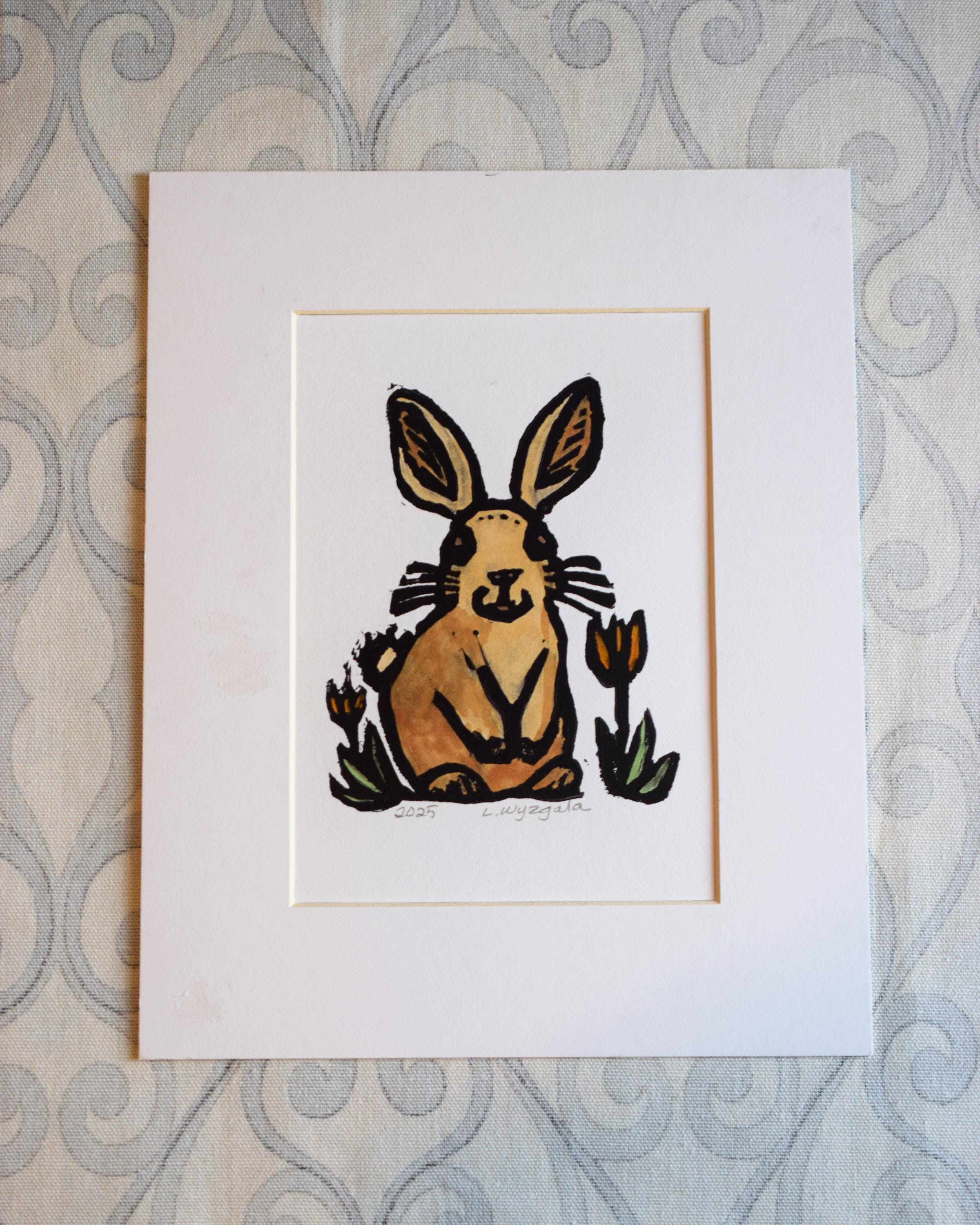 Cute Bunny Linocut Print With 8 X 10 White Mat - Nursery Art - Animal ...
