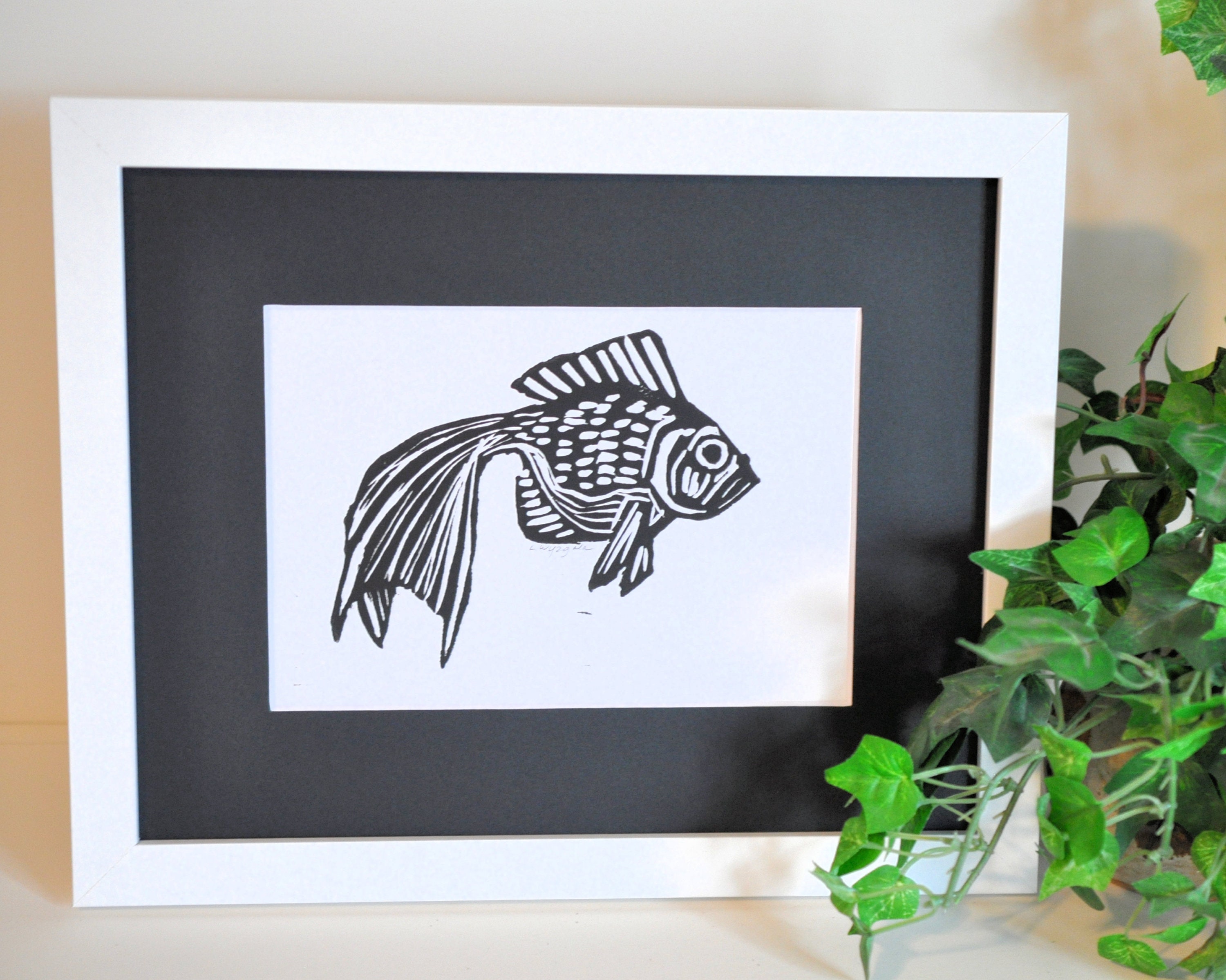 Goldfish Linocut Print, 8x10 Matted Original Art, Hand Carved Hand ...