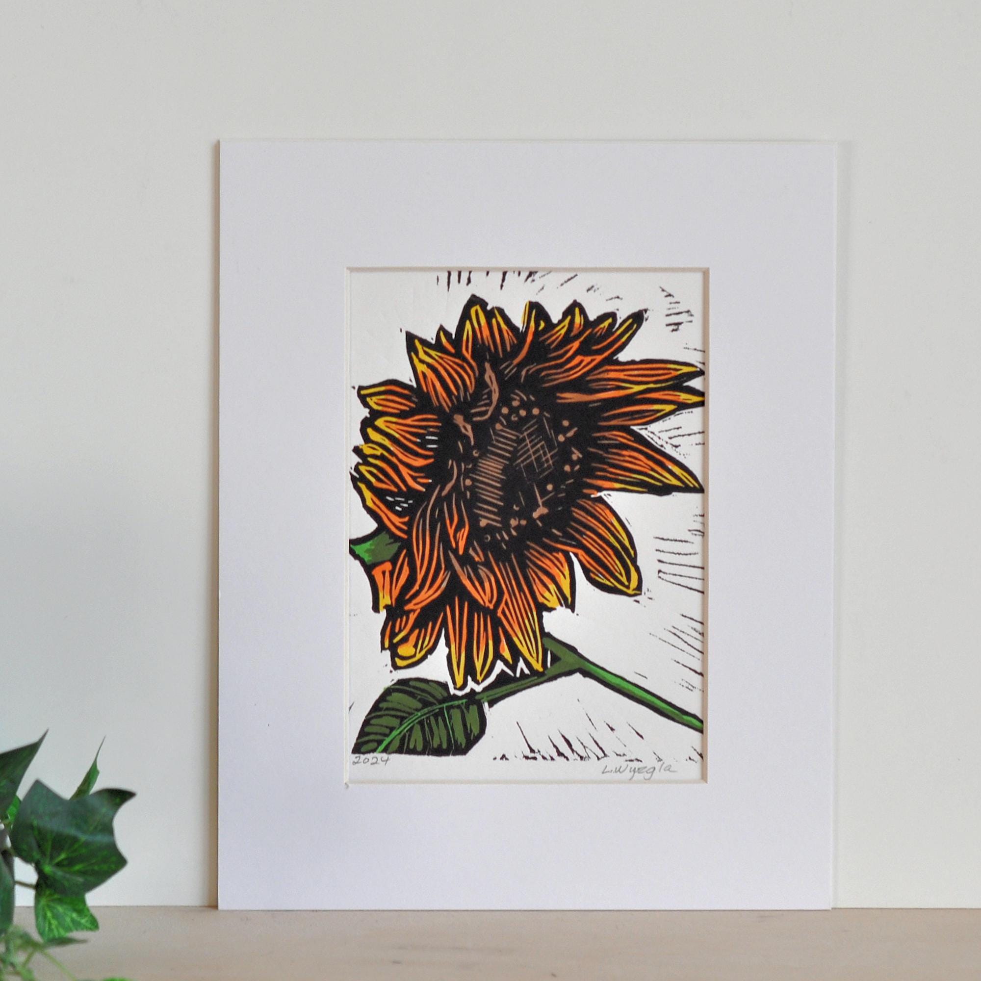 Sunflower Linocut Print: Hand-carved Nature Art, 8x10 Matted - Etsy