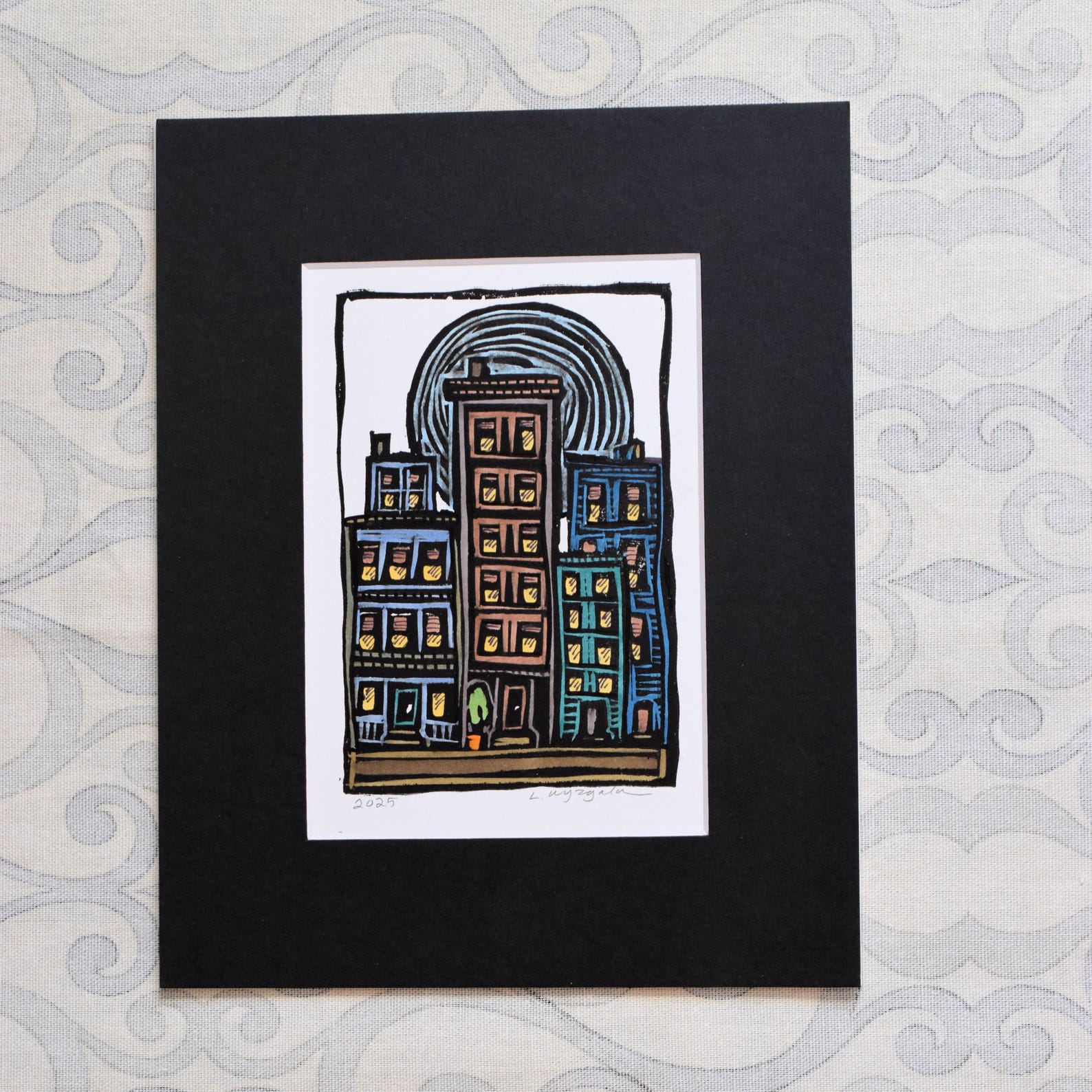 City Row Apartments Linocut Art - Original Signed Art- 8 X 10 Matted ...
