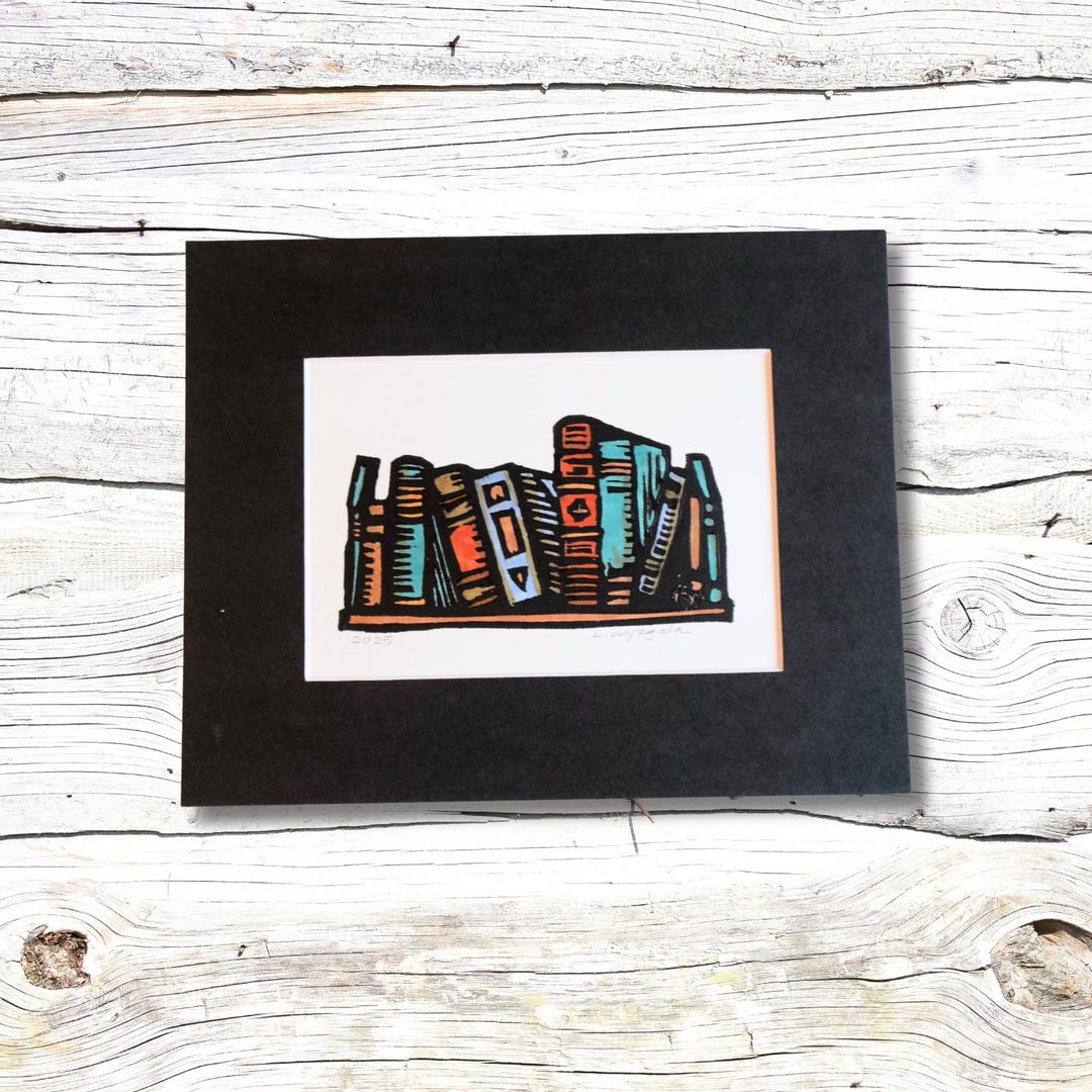 Bookshelf Linocut Print: Hand-carved Art With Black Mat (8x10) - Etsy