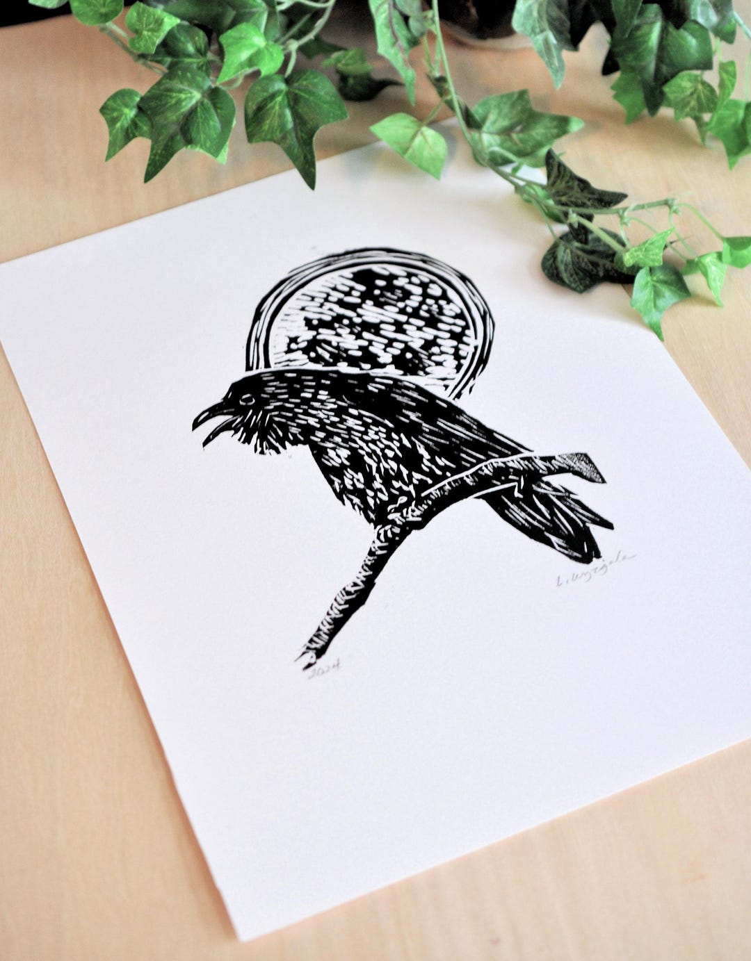 Raven Moon, Linocut Print, Hand Carved and Printed, Original Art ...