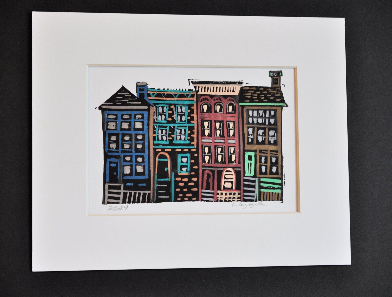 City Row Houses, Hand Carved Printed and Colored, Original Signed Art ...