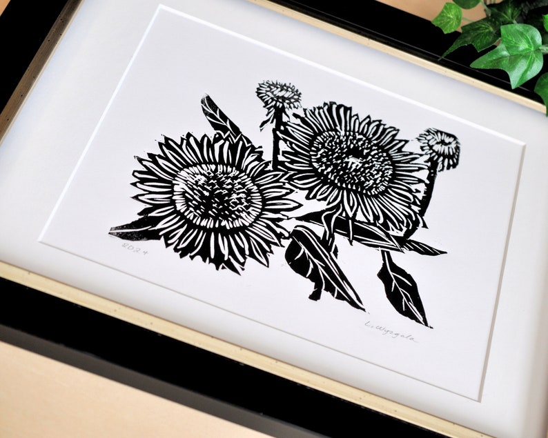 Sunflower Linocut, Original Linocut Print, Hand Carved Lino, Flower ...