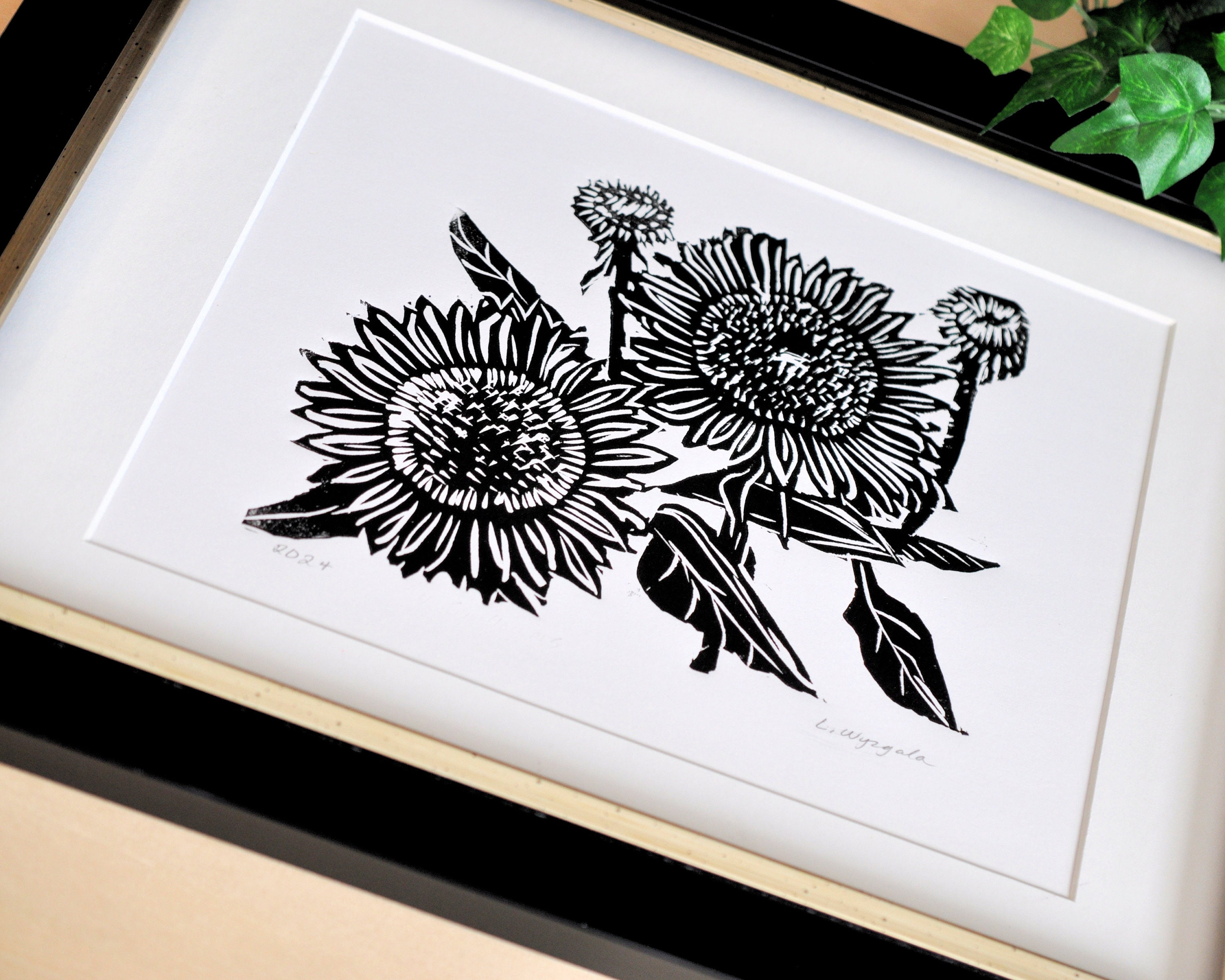 Sunflower Linocut, Original Linocut Print, Hand Carved Lino, Flower ...