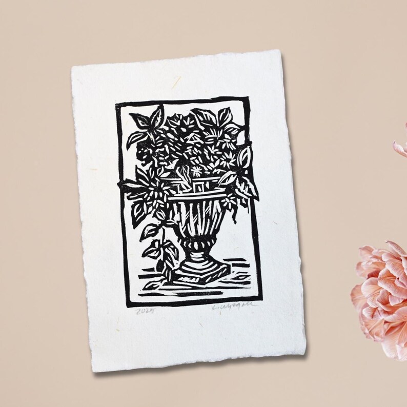 Pot With Flowers, Original Linocut Print, Hand Carved and Printed - Etsy