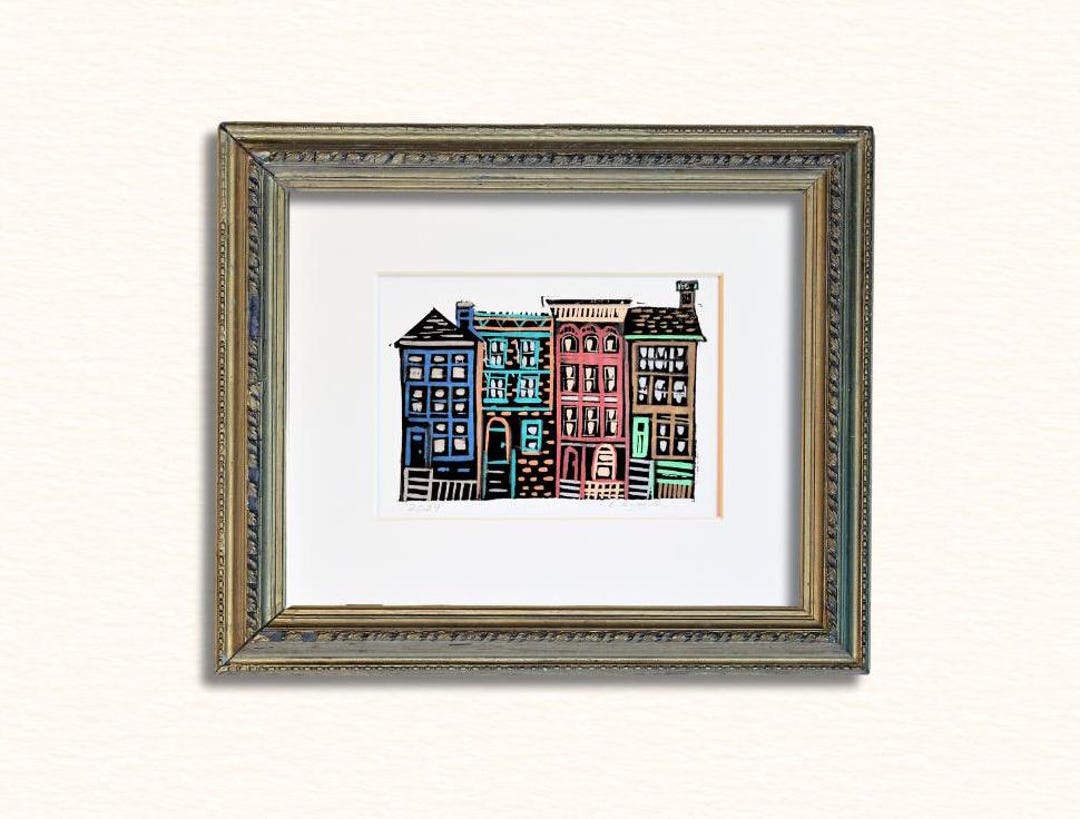 City Row Houses, Hand Carved Printed and Colored, Original Signed Art ...