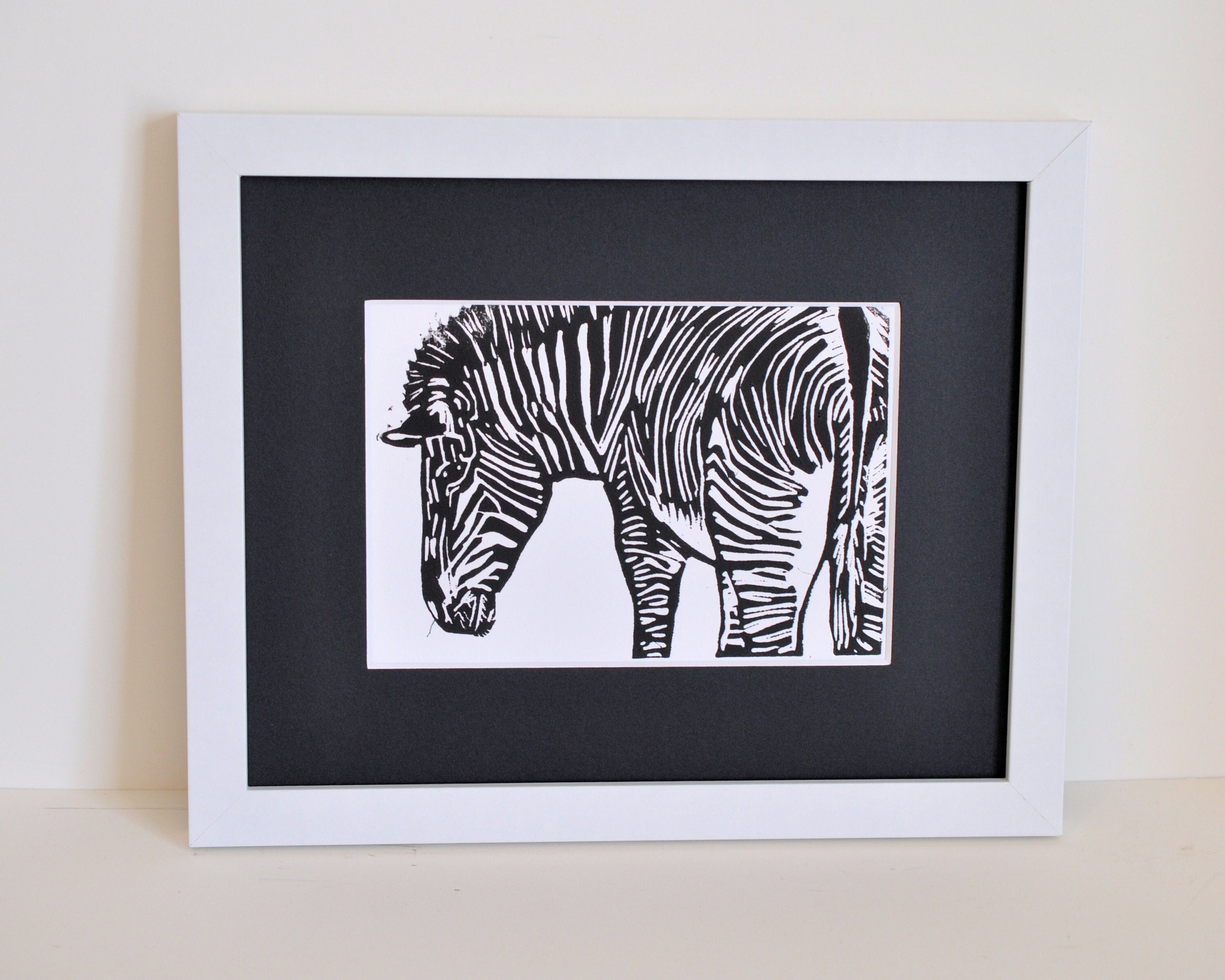 Zebra Linocut Print, 8x10 Matted Hand Carved Linocut, Zebra Wall Art ...