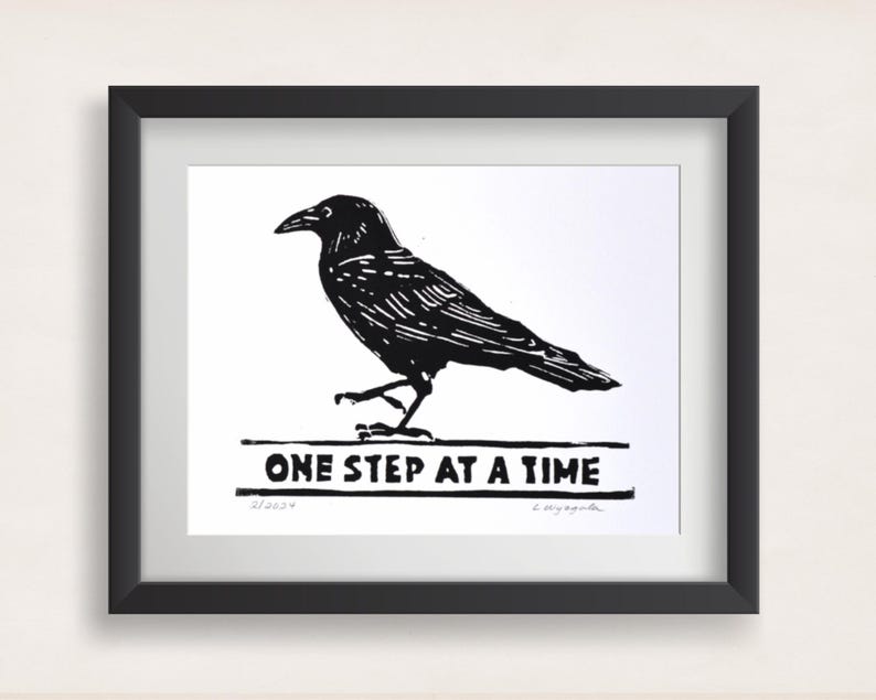 Crow Linocut Print: Hand-carved Bird Art With Inspirational Quote - Etsy