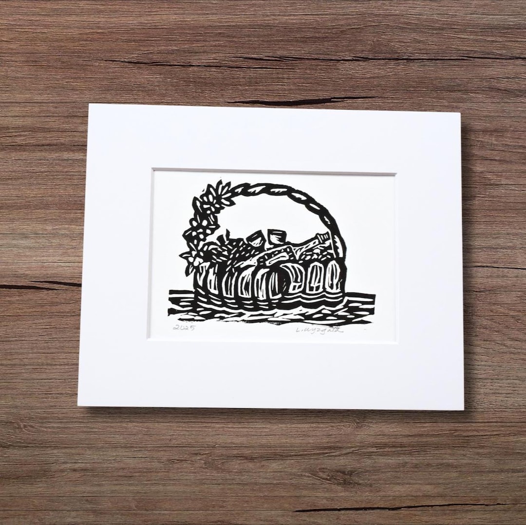 Basket of Wine Linocut Print: Hand-carved Art With White Mat (8x10) - Etsy