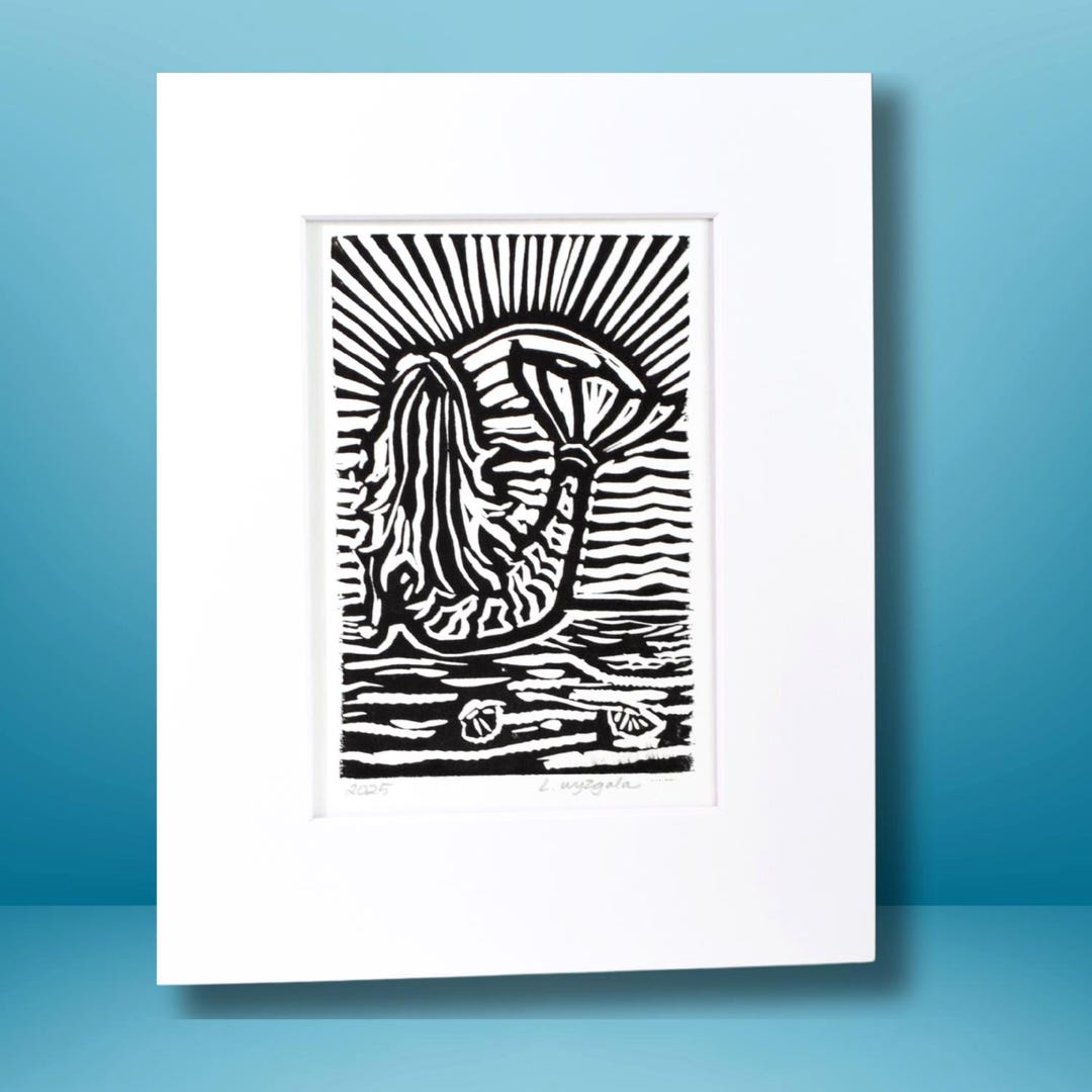 Mermaid Linocut Print: Handmade Ocean Art, 8x10 Matted - Etsy