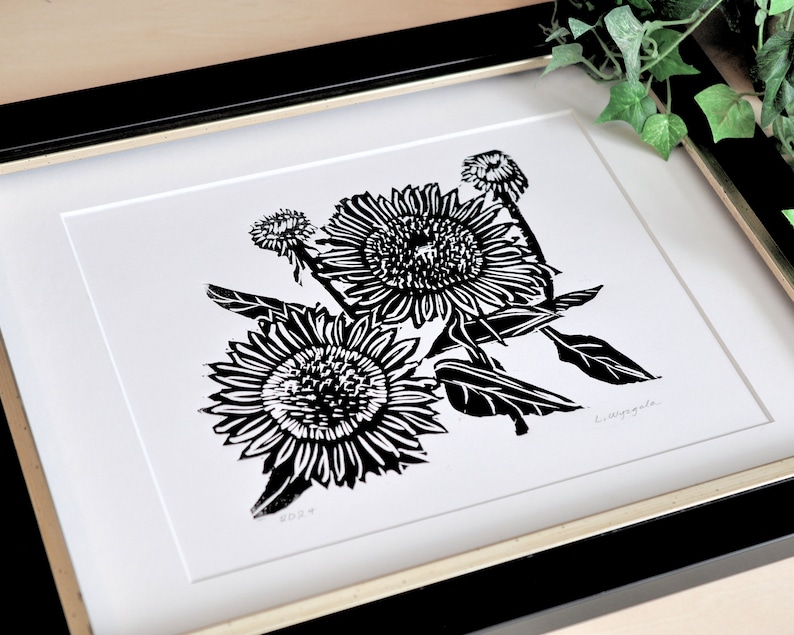 Sunflower Linocut, Original Linocut Print, Hand Carved Lino, Flower ...