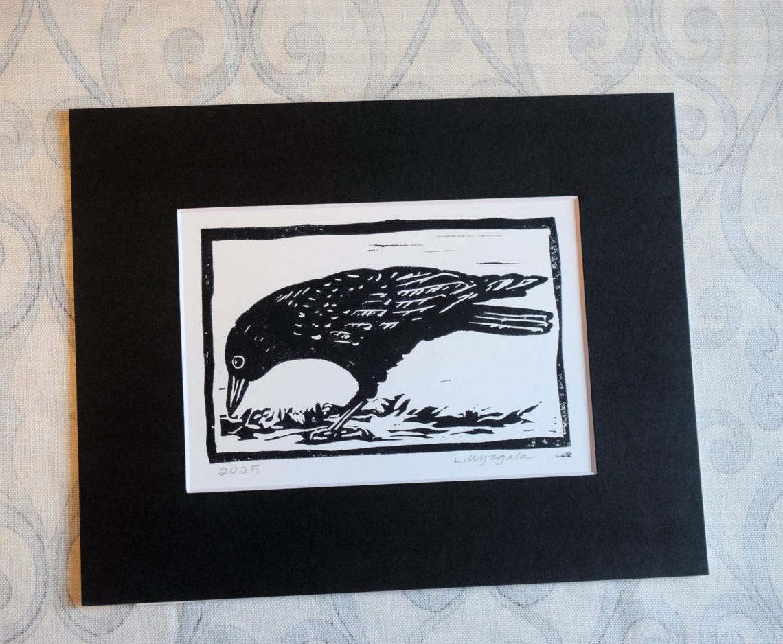 Friendly Backyard Crow Linocut Print With Black Mat - Hand Carved ...