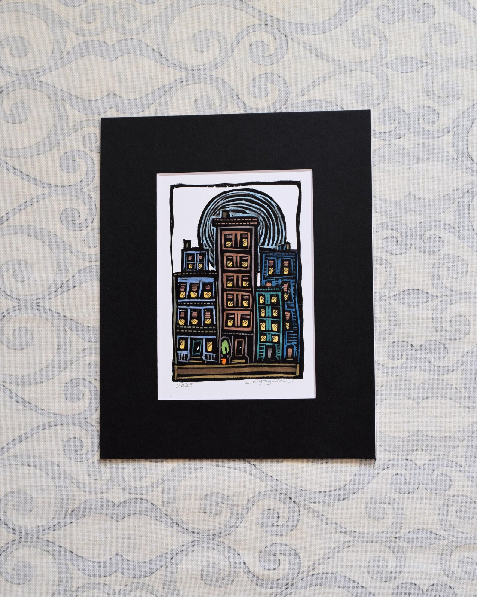 City Row Apartments Linocut Art - Original Signed Art- 8 X 10 Matted ...