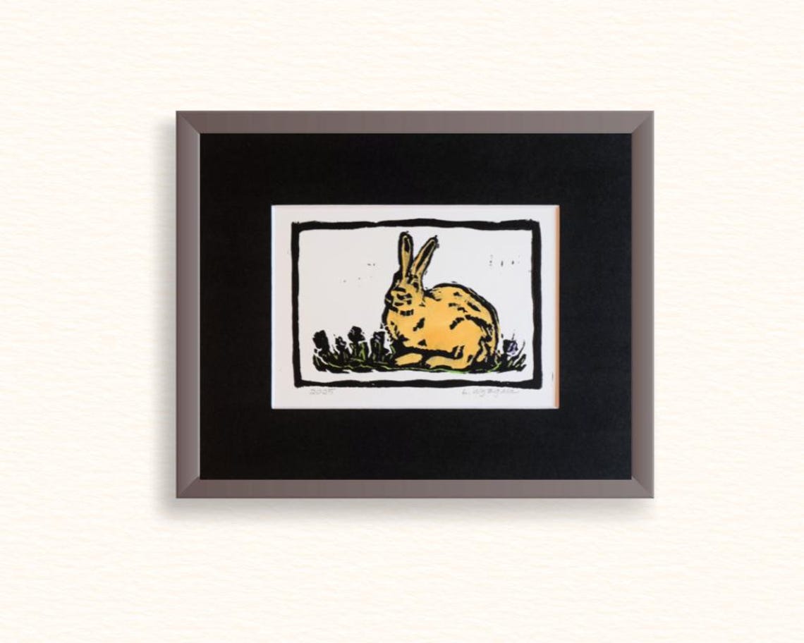 Wild Bunny Linocut Print With Black Mat - Hand Carved, Printed and ...