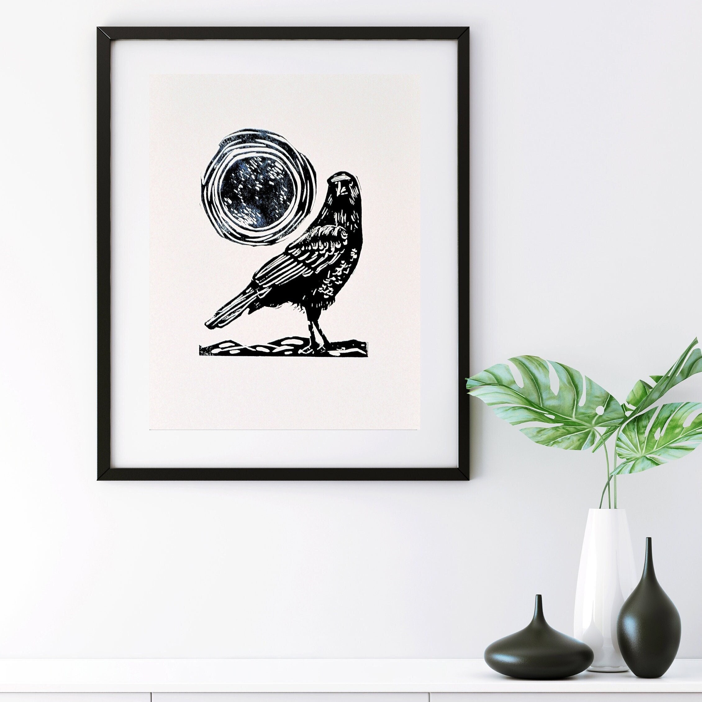American Crow Print, Crow Moon Print, Original Print, Wall Art Decor ...
