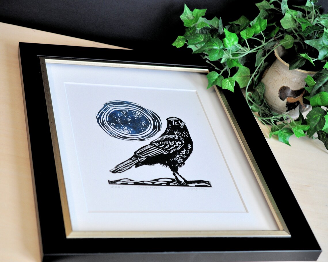 American Crow Print, Crow Moon Print, Original Print, Wall Art Decor ...