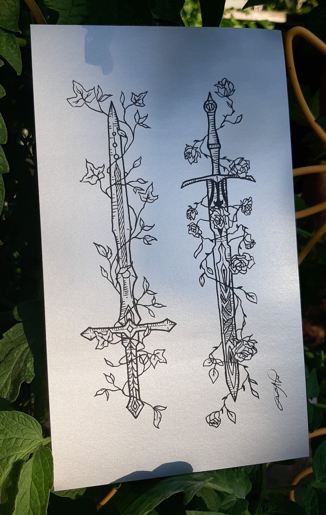Double Edge Sword Print - Medieval Swords // Vines // Weapons // Black ...