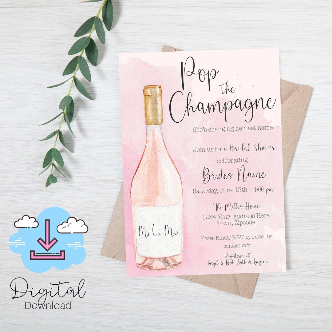 Pop the Champagne Bridal Shower Invite, Digital Download, Pink Bridal ...