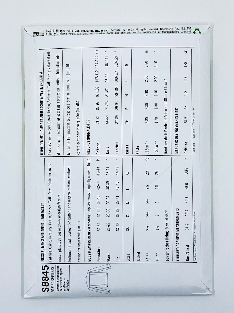 Simplicity 8845 Unisex Jean Jacket Sewing Pattern for Men, Women, Teens ...