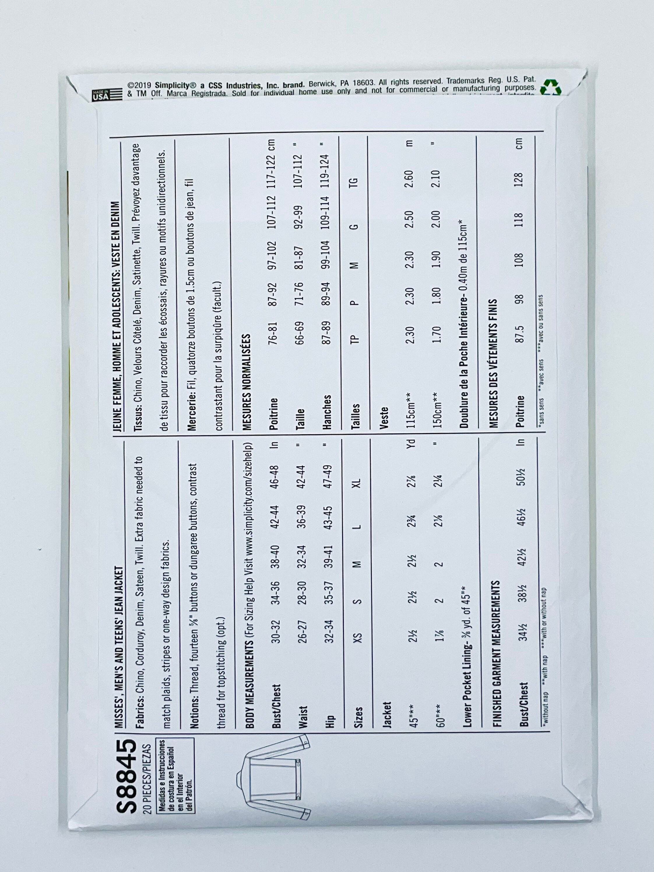 Simplicity 8845 Unisex Jean Jacket Sewing Pattern for Men, Women, Teens ...