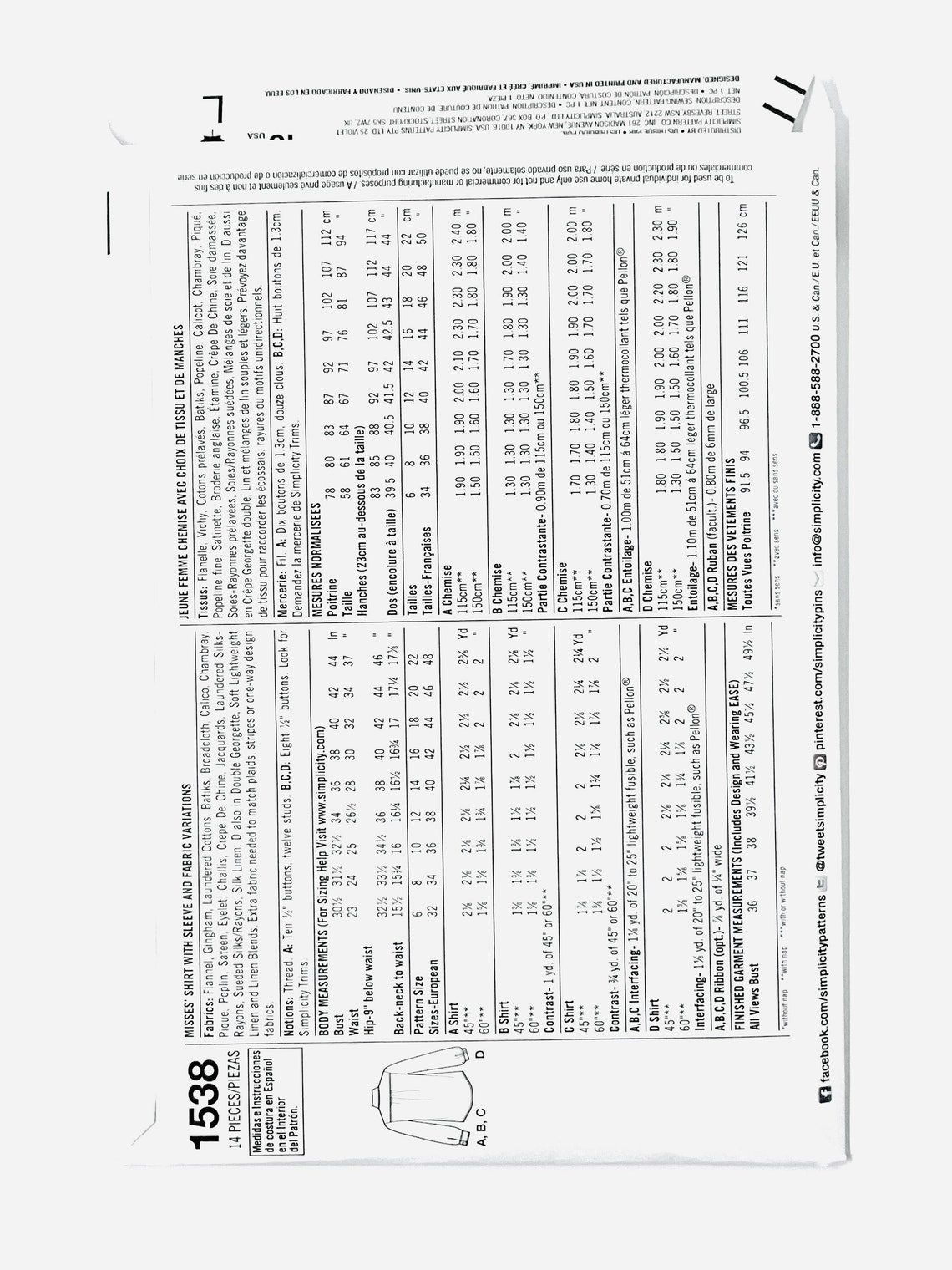 Simplicity 1538 Sewing Pattern, S1538 Easy Button Front Shirt Sewing ...
