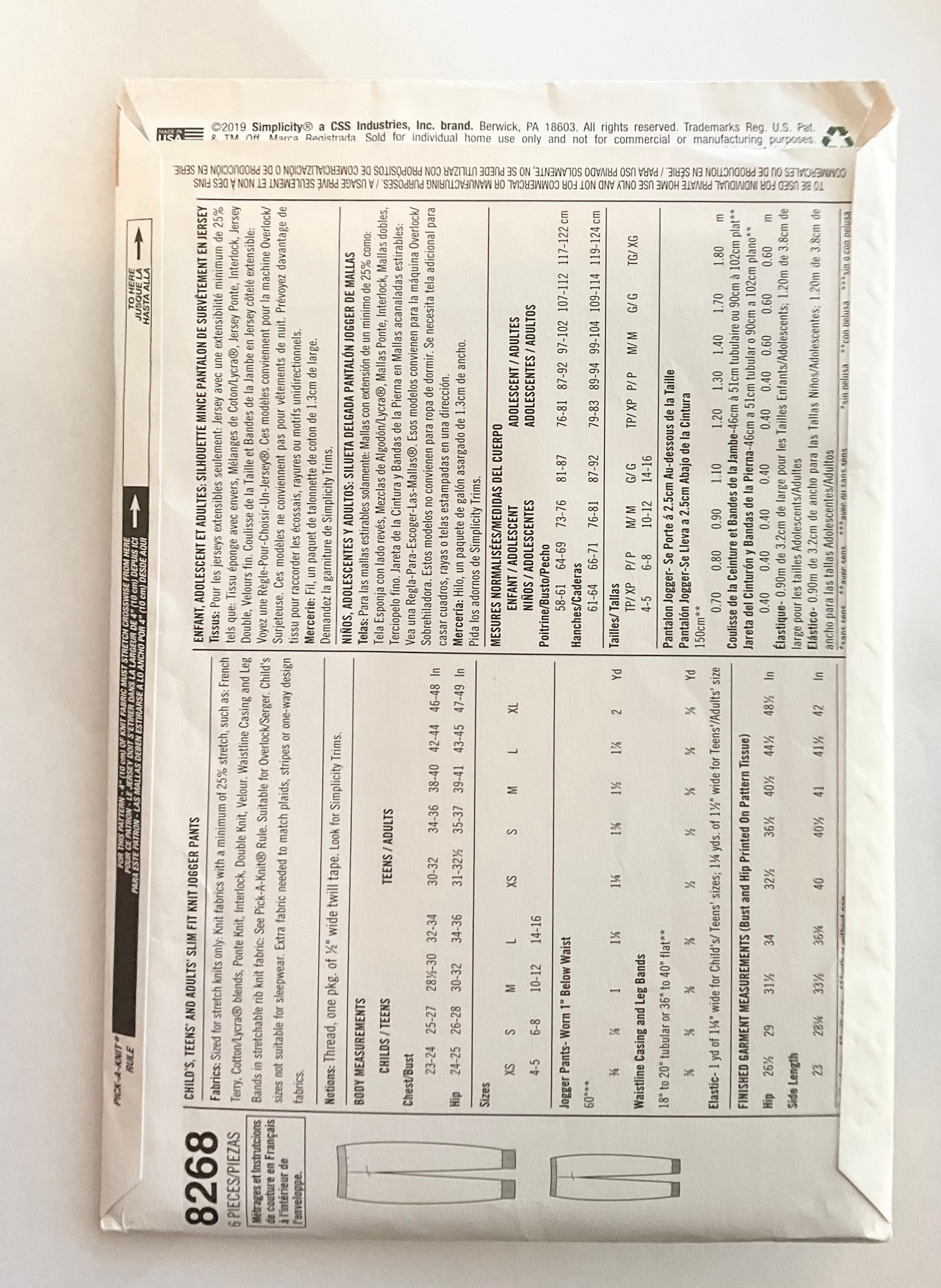 Simplicity 8268 Sewing Pattern, S8268 Kids, Teen, Adult, Jogger Sewing ...