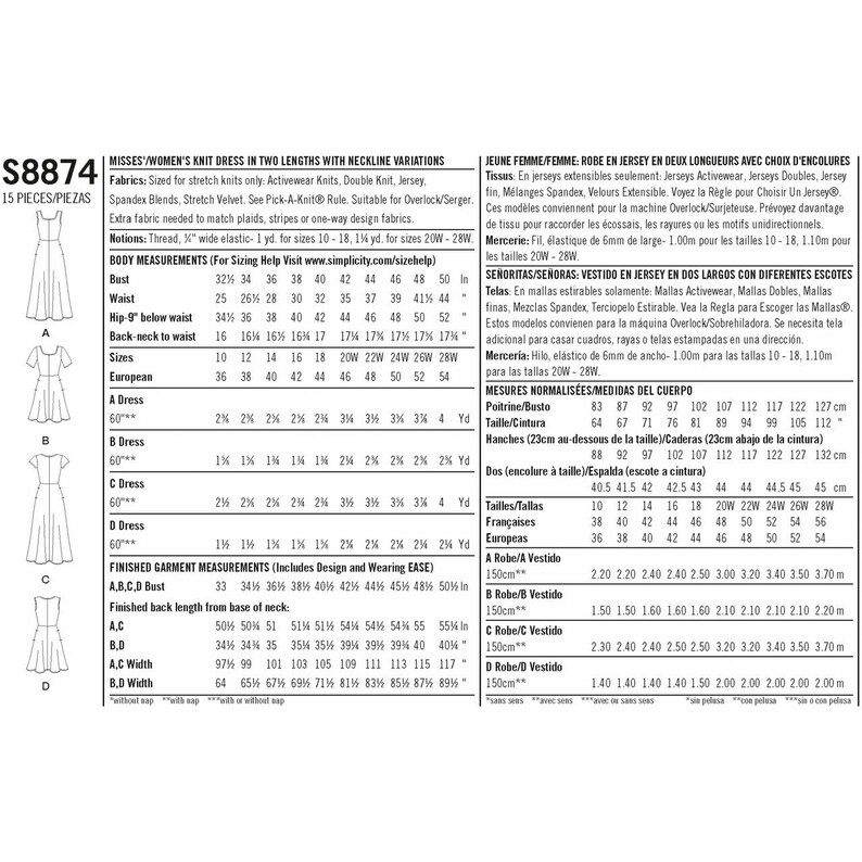 Simplicity 8874 Sewing Pattern S8874 Misses'/women's - Etsy