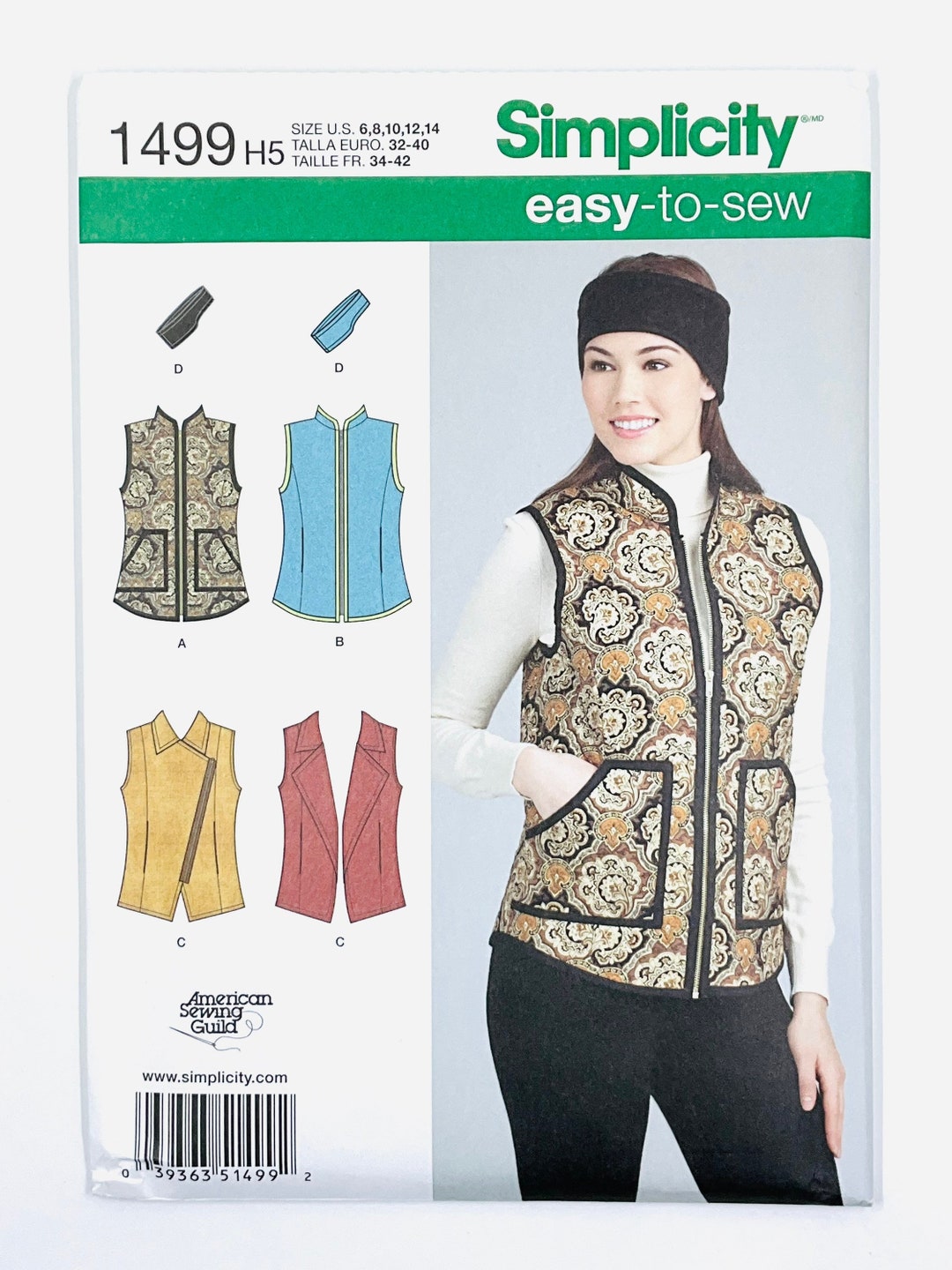 Simplicity 1499 Sewing Pattern, S1499 Vest, Headband Easy to Sew ...