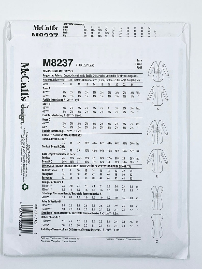 Mccall's 8237 Sewing Pattern - M8237 Misses' Tunic and Dresses, Size (6 ...