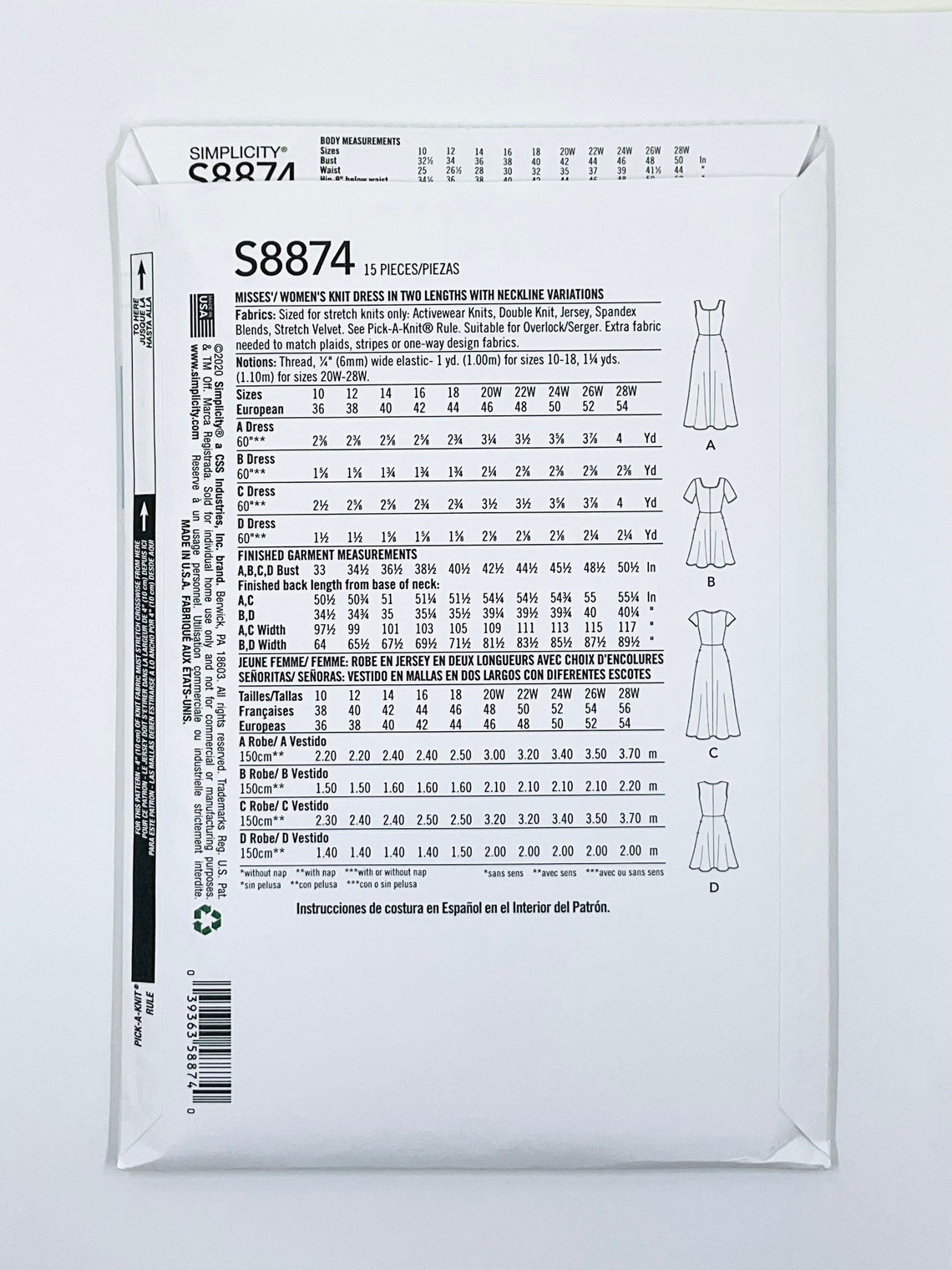 Simplicity 8874 Sewing Pattern S8874 Misses'/women's Easy-to-sew Knit Dress for Beginners and ...