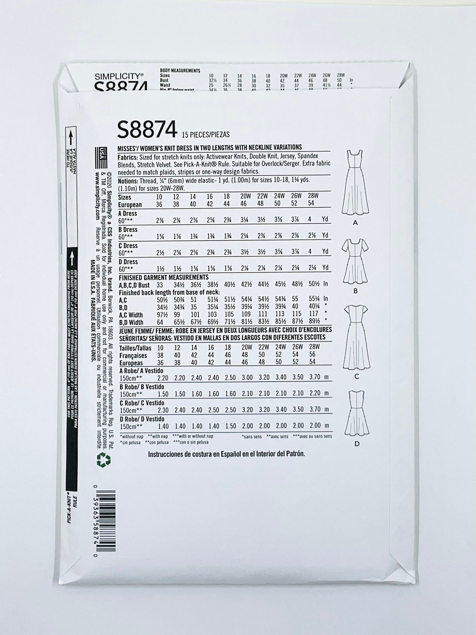 Simplicity 8874 Sewing Pattern S8874 Misses'/women's Easy-to-sew Knit Dress for Beginners and ...