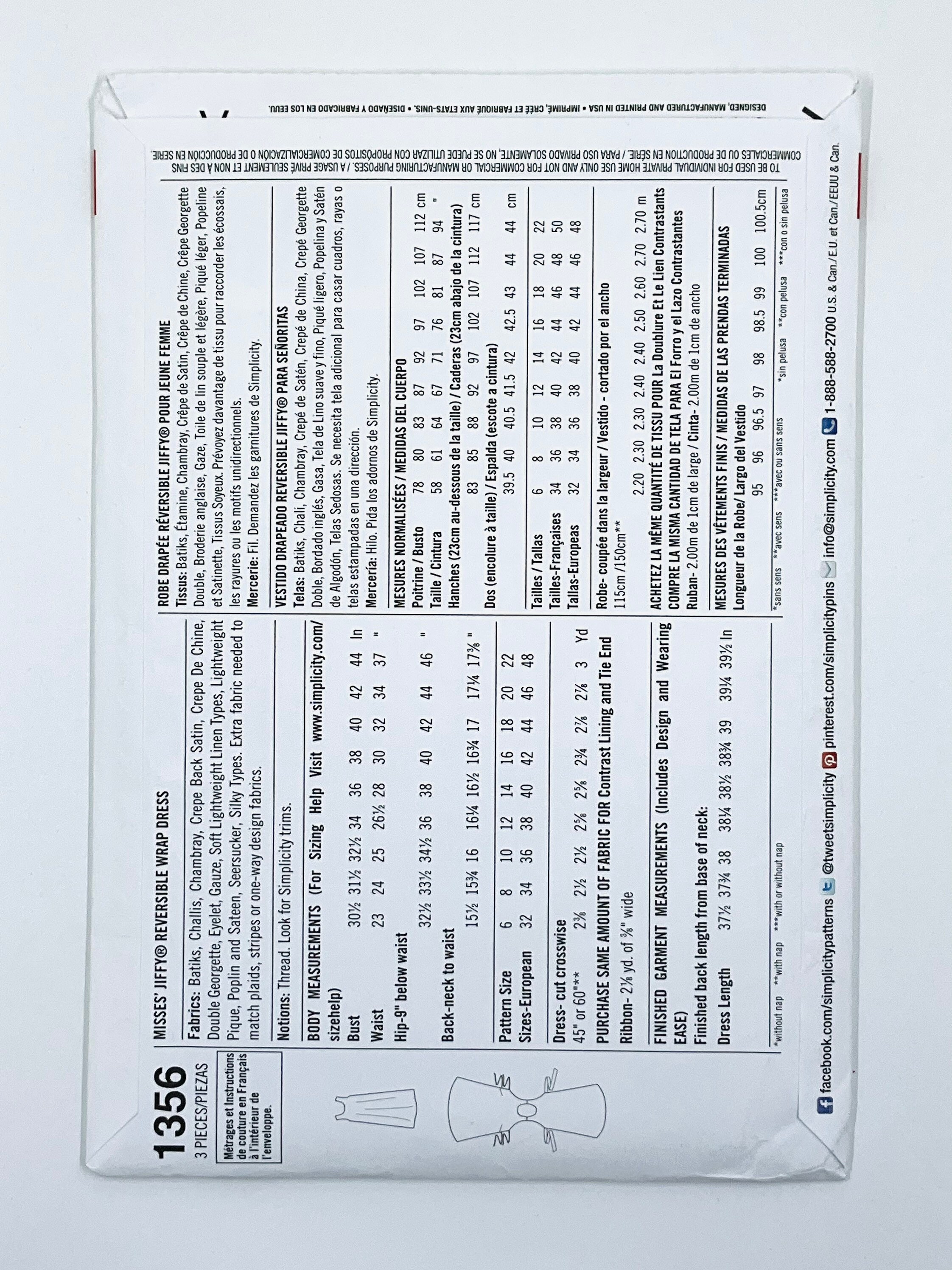 Simplicity 1356 Sewing Pattern S1356 Misses' Jiffy Sewing Pattern Wrap ...