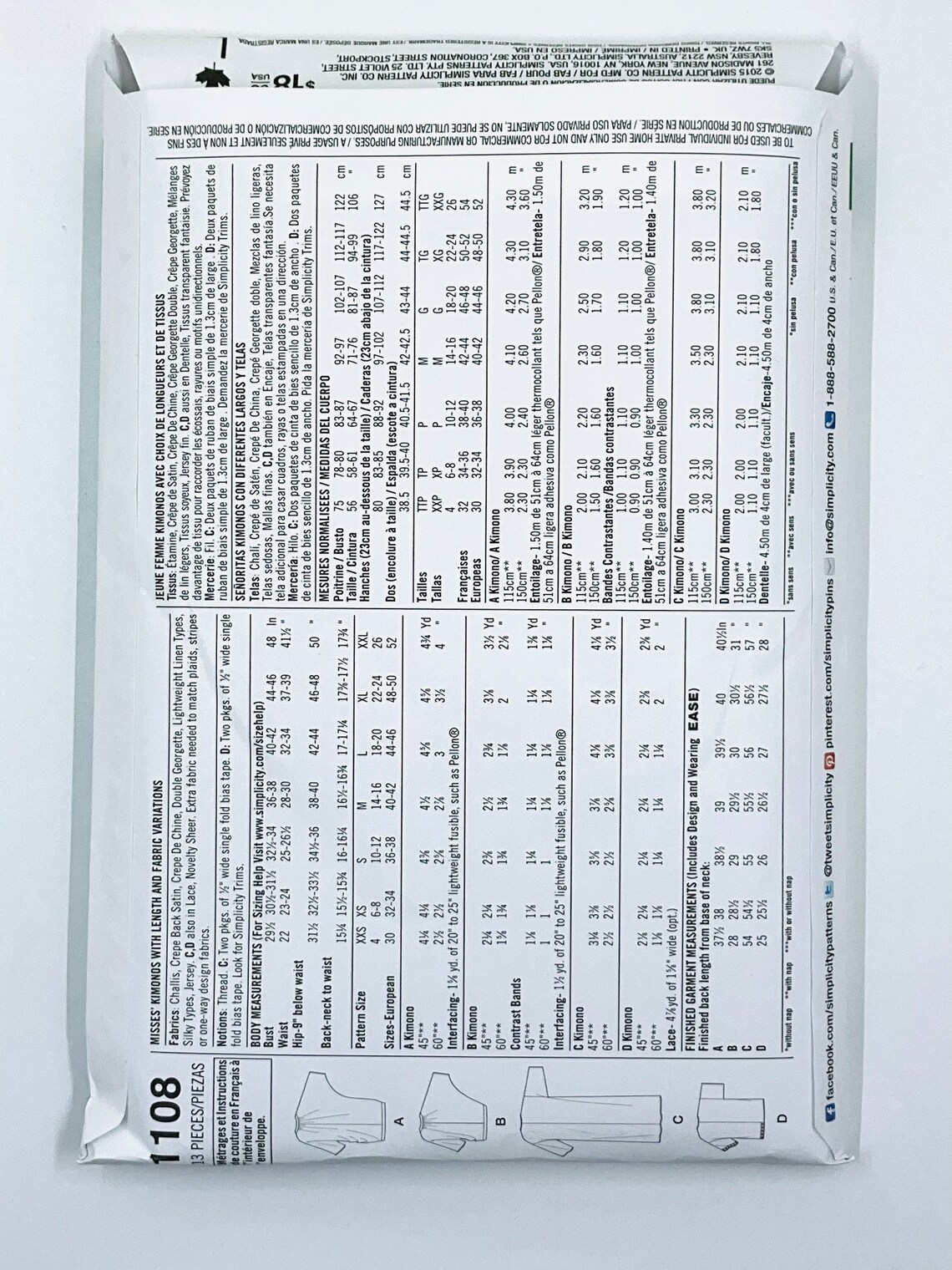 Simplicity 1108 Sewing Pattern S1108 Misses' Fashion Kimonos, With Trim ...