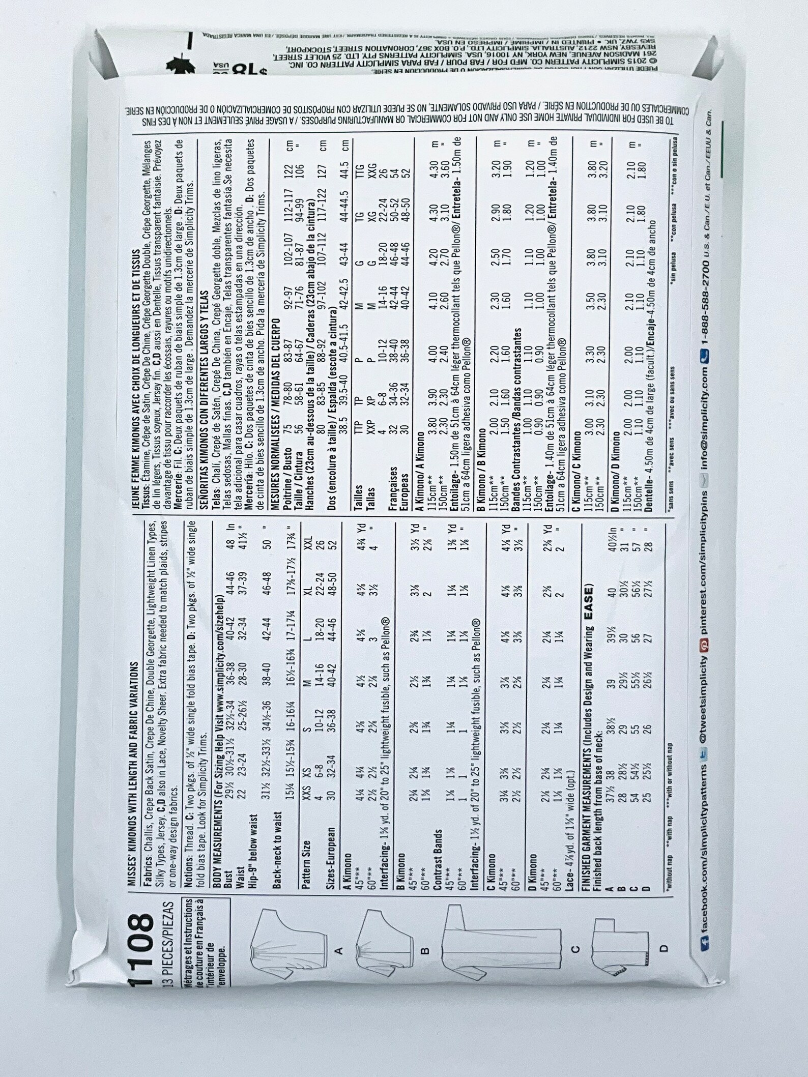 Simplicity 1108 Sewing Pattern S1108 Misses' Fashion Kimonos, With Trim ...