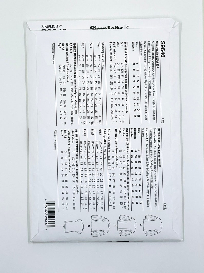 Simplicity 9646 Sewing Pattern, Easy Button Front Top Sewing Pattern ...