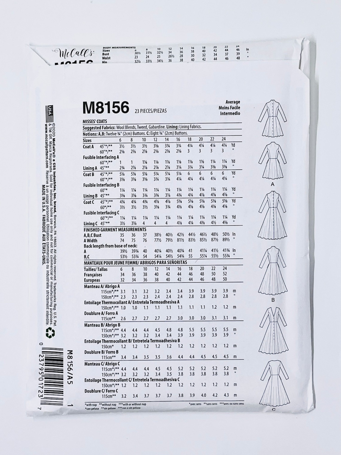 Mccall's 8156 Sewing Pattern, M8156, Princess Seamed Coat Pattern for ...