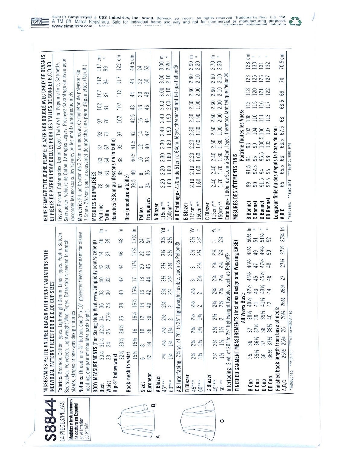Simplicity 8844 Sewing Pattern S8844 Misses'/miss Petite - Etsy