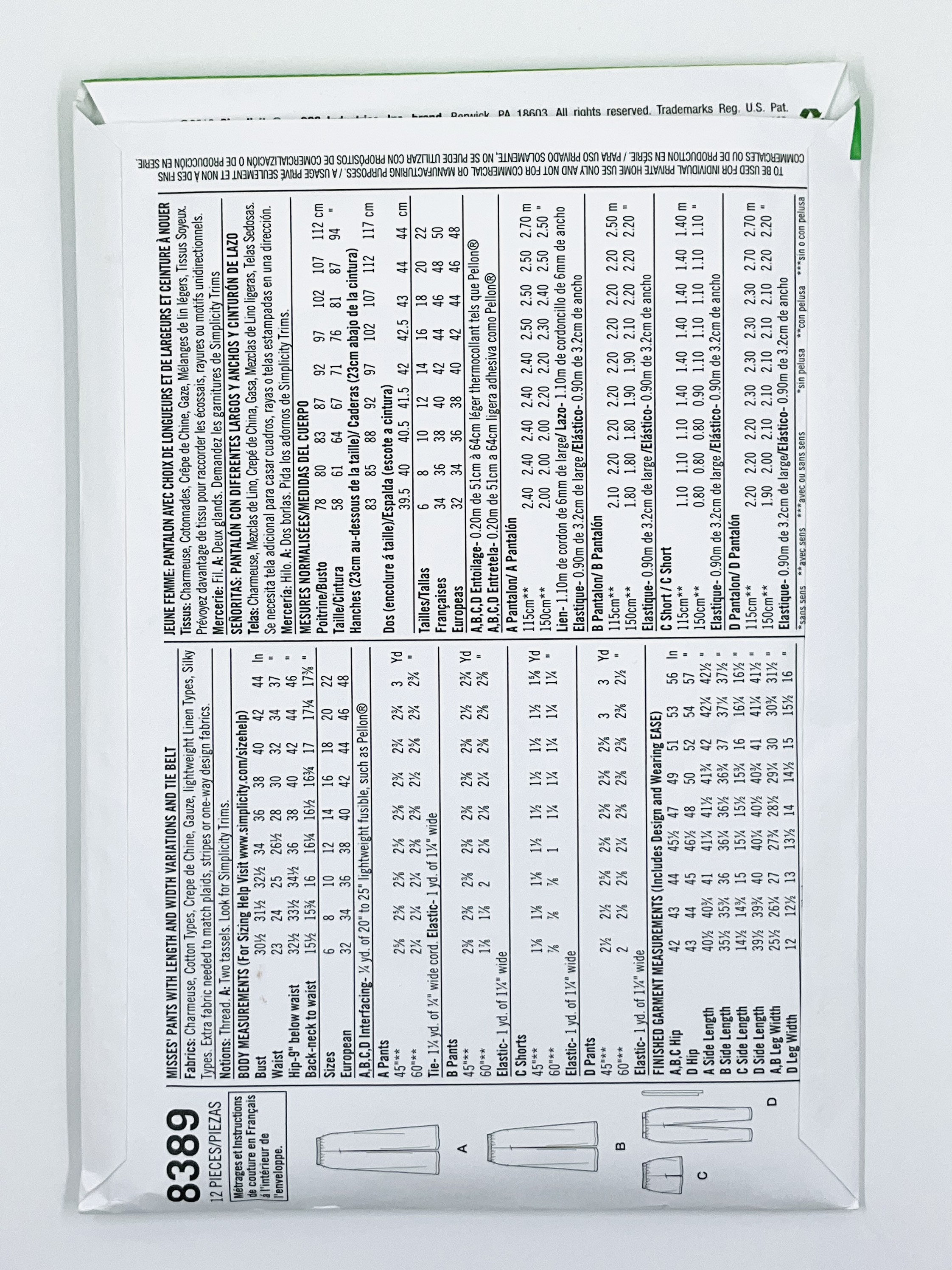 Simplicity 8389/R11064 Sewing Pattern - S8389 Misses' Cropped Wide Leg ...