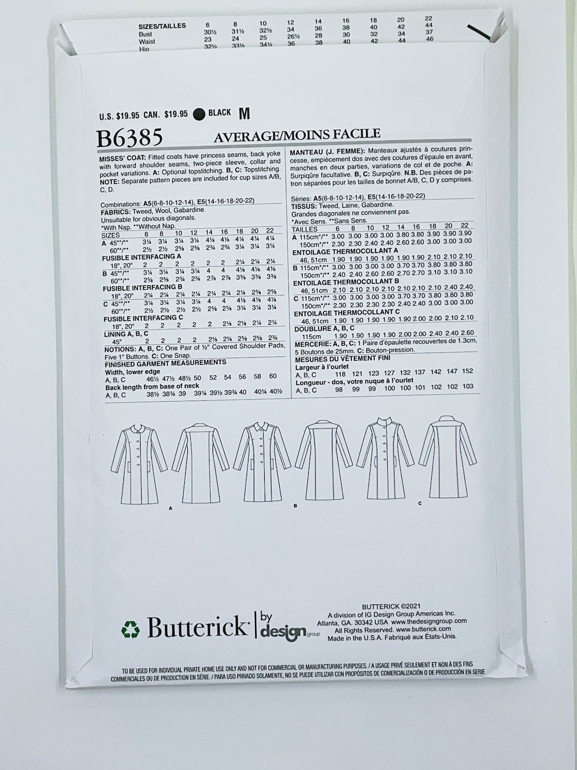 Butterick 6385 Sewing Pattern, B6385 Jacket Sewing Pattern, Coat Sewing ...